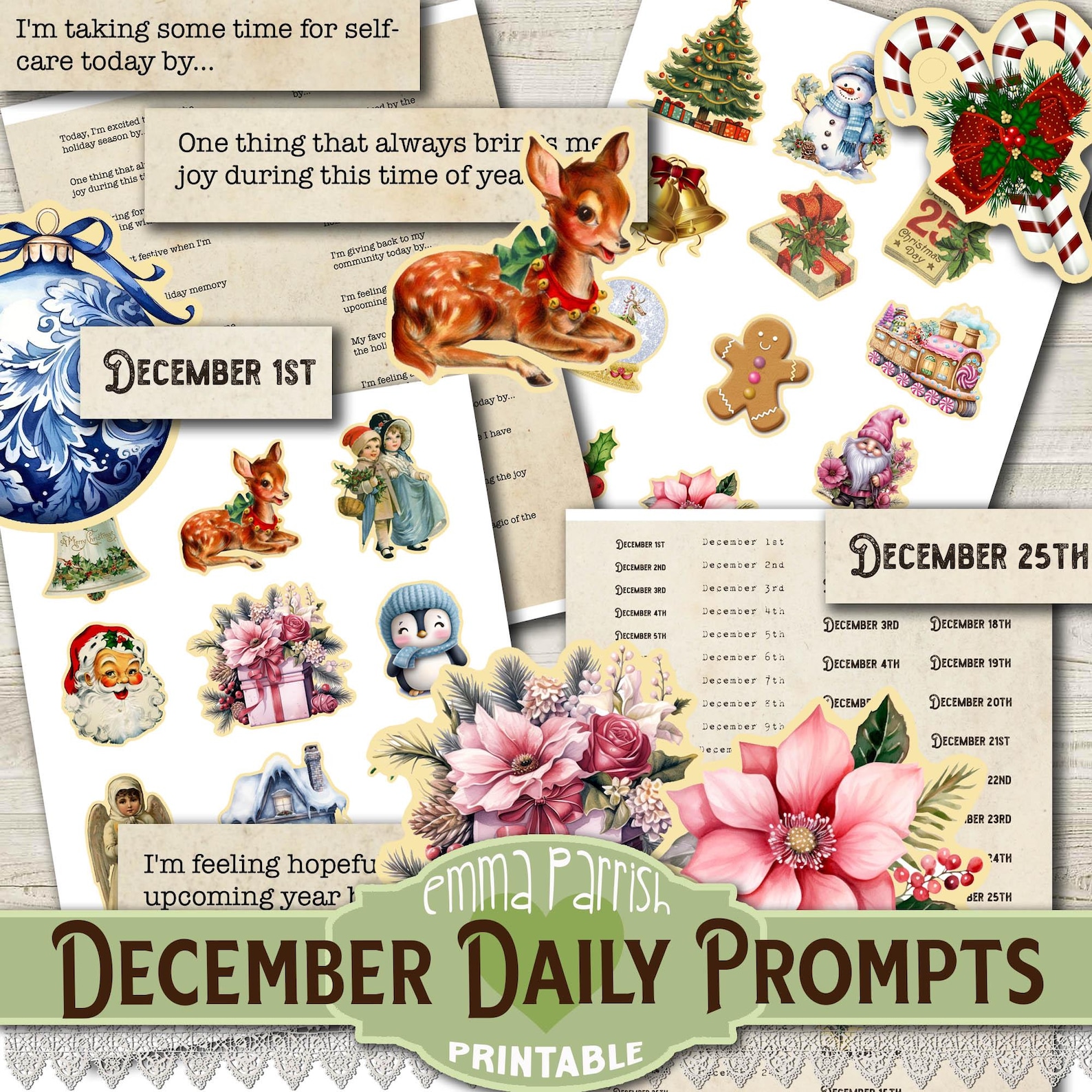 Christmas Junk Journal Prompts Kit, Printable December Dates, Holiday ...