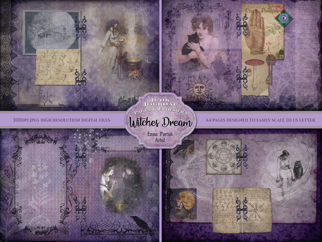 Witch Printable Junk Journal Ephemera Kit , Purple Black Witches ...