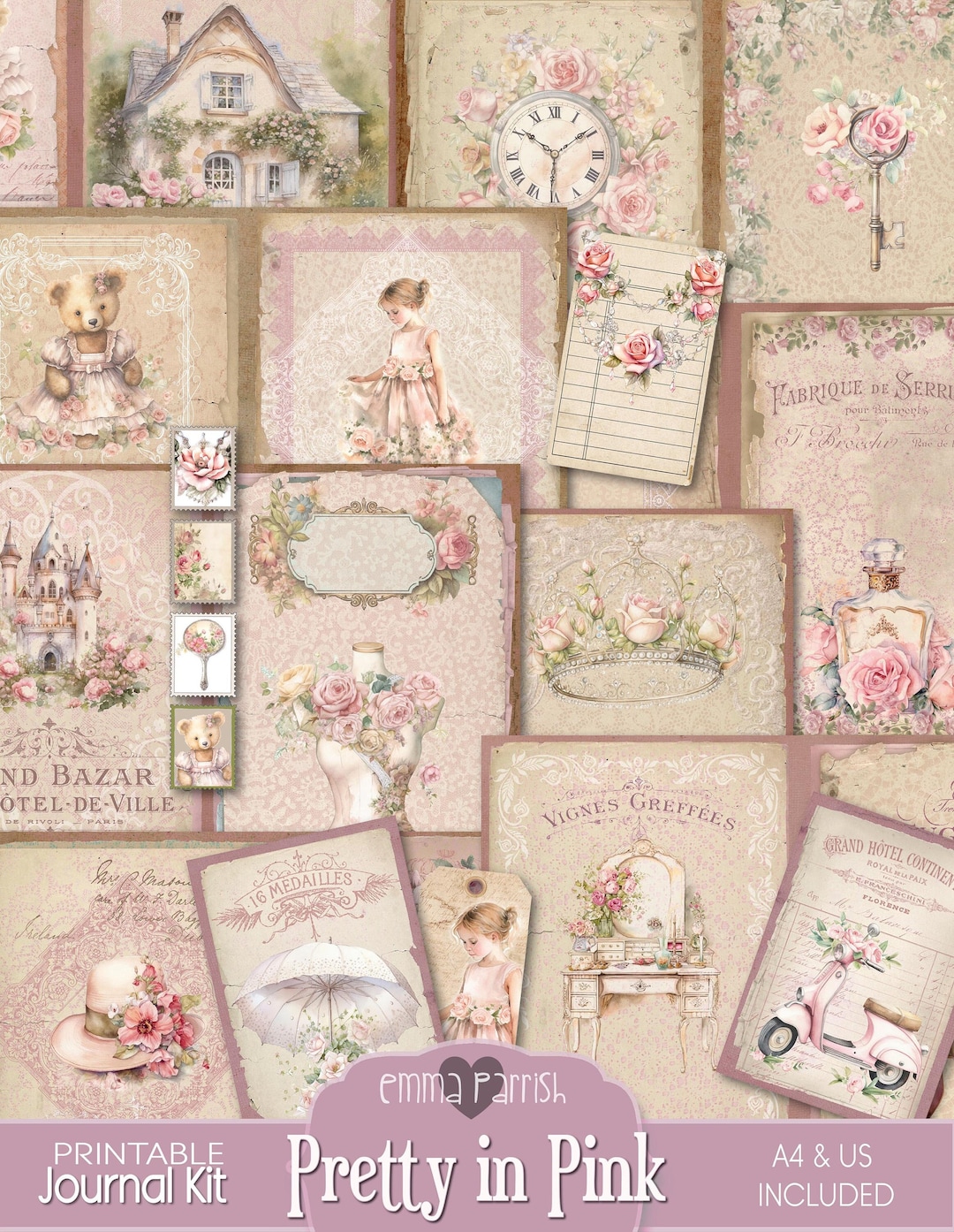Pink Junk Journal Kit, Printable, Shabby Chic, Floral, Flowers, Lace ...