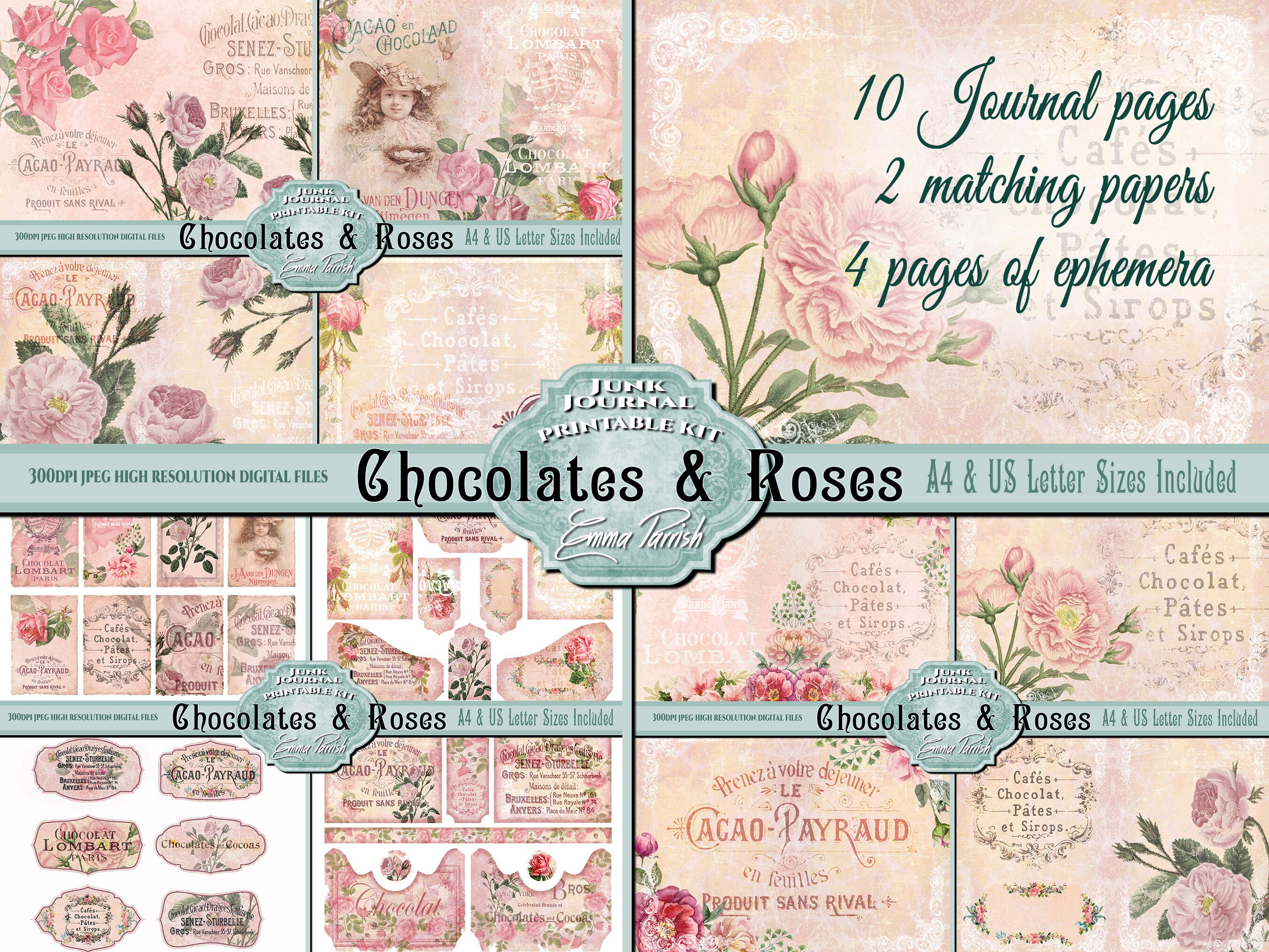 Roses Printable Junk Journal Kit, Chocolate, Pink Journal, Romantic ...