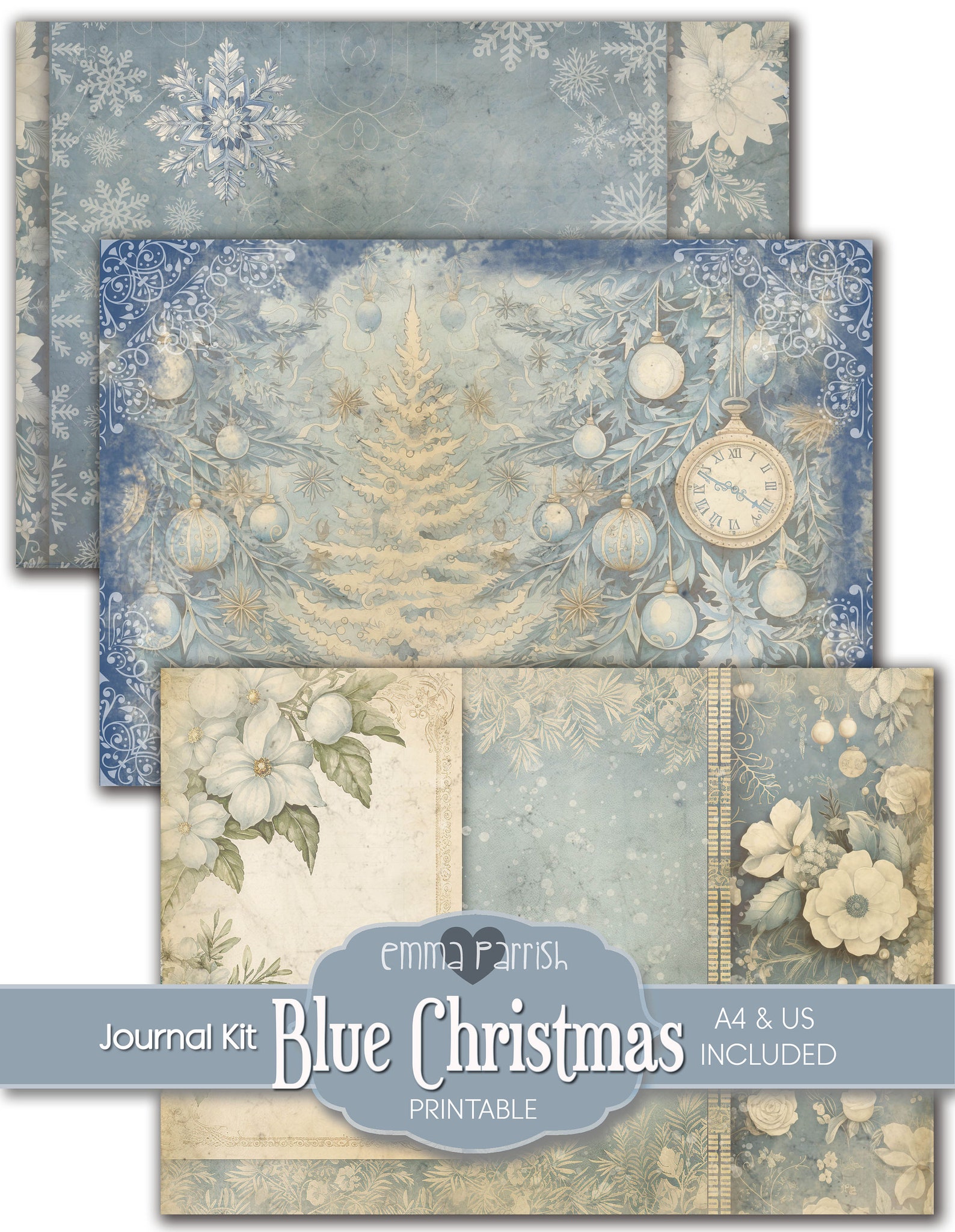 Blue Christmas Printable Junk Journal Kit, Cute Snowman, Santa ...