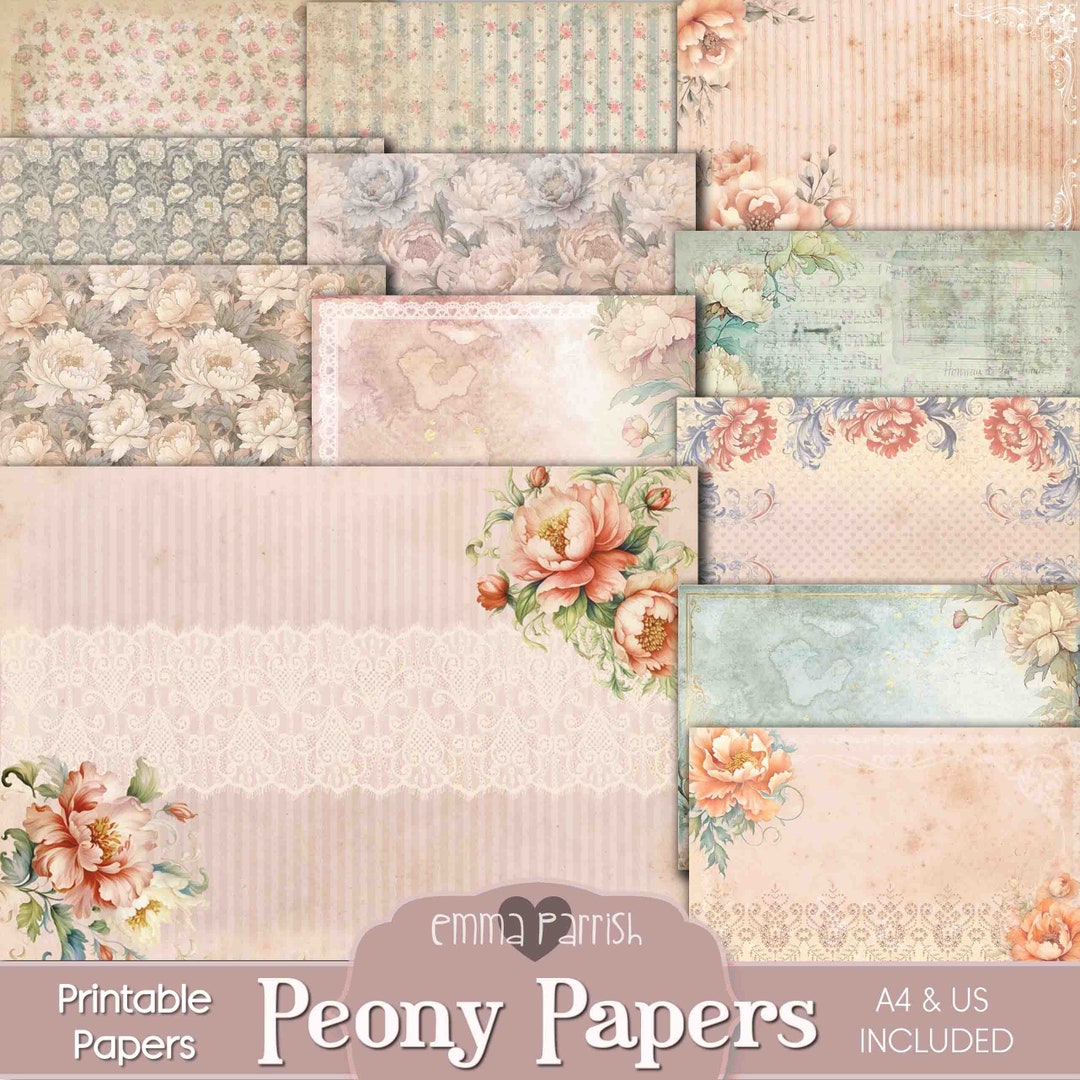 Shabby Peonies, Peony Printable Papers, Junk Journal Supplies, Pink ...