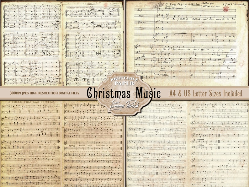 Vintage Christmas Printable Music Paper, Junk Journal Pages, Festive ...