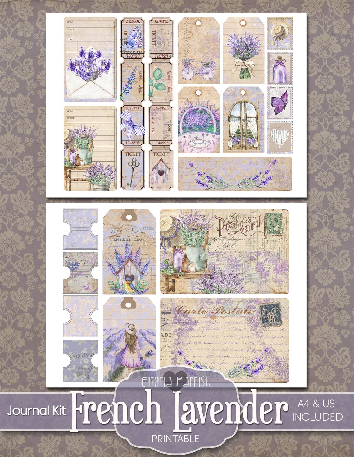 French Lavender Junk Journal Kit, Printable Vintage Ephemera, Digital ...