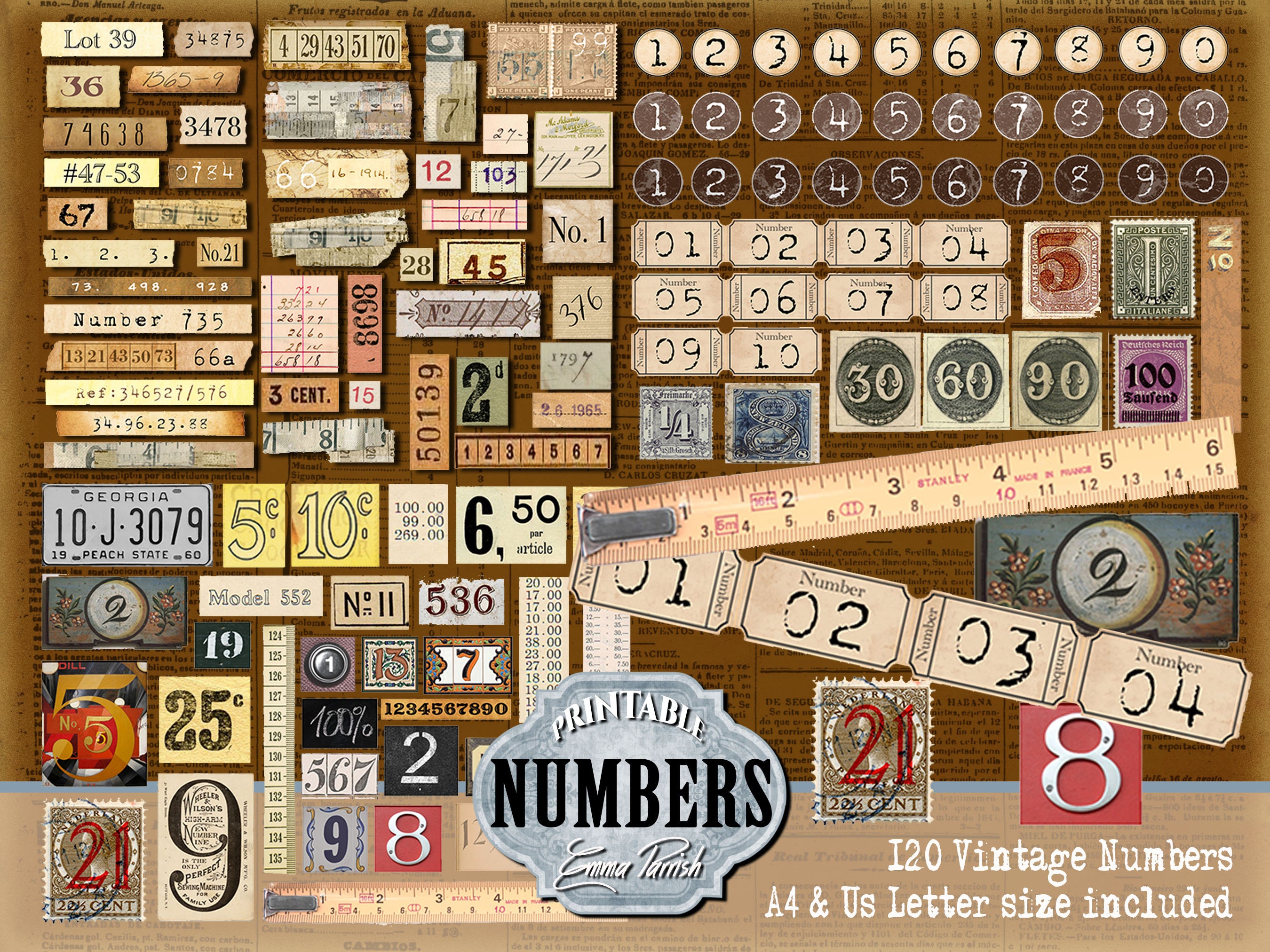 Printable Vintage Numbers Ephemera Pack, Junk Journal Printable Number ...