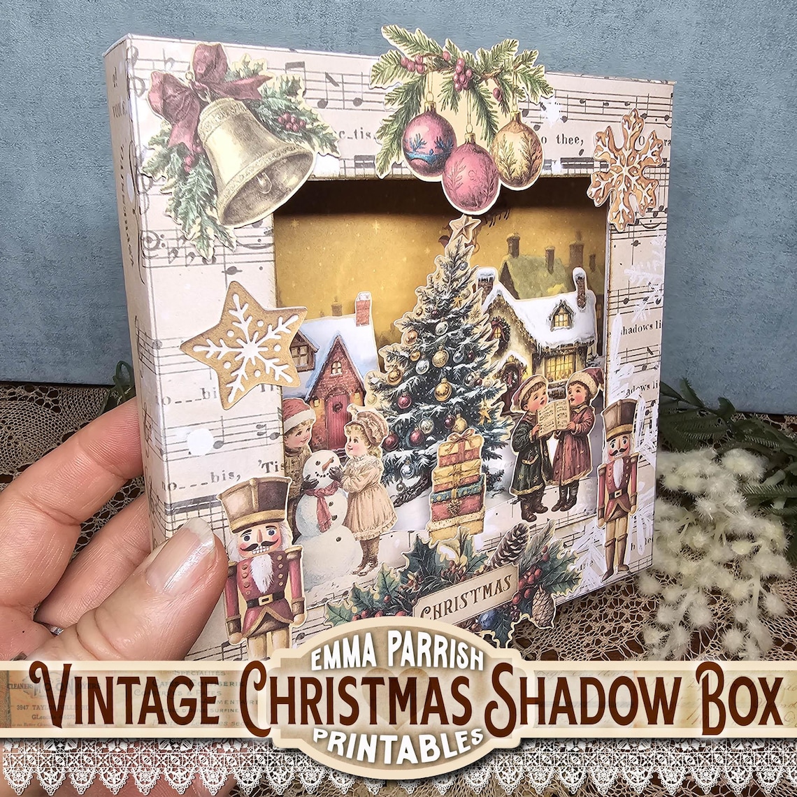 Vintage Christmas Shadow Box – Printable Papercraft Kit, Fold Flat ...