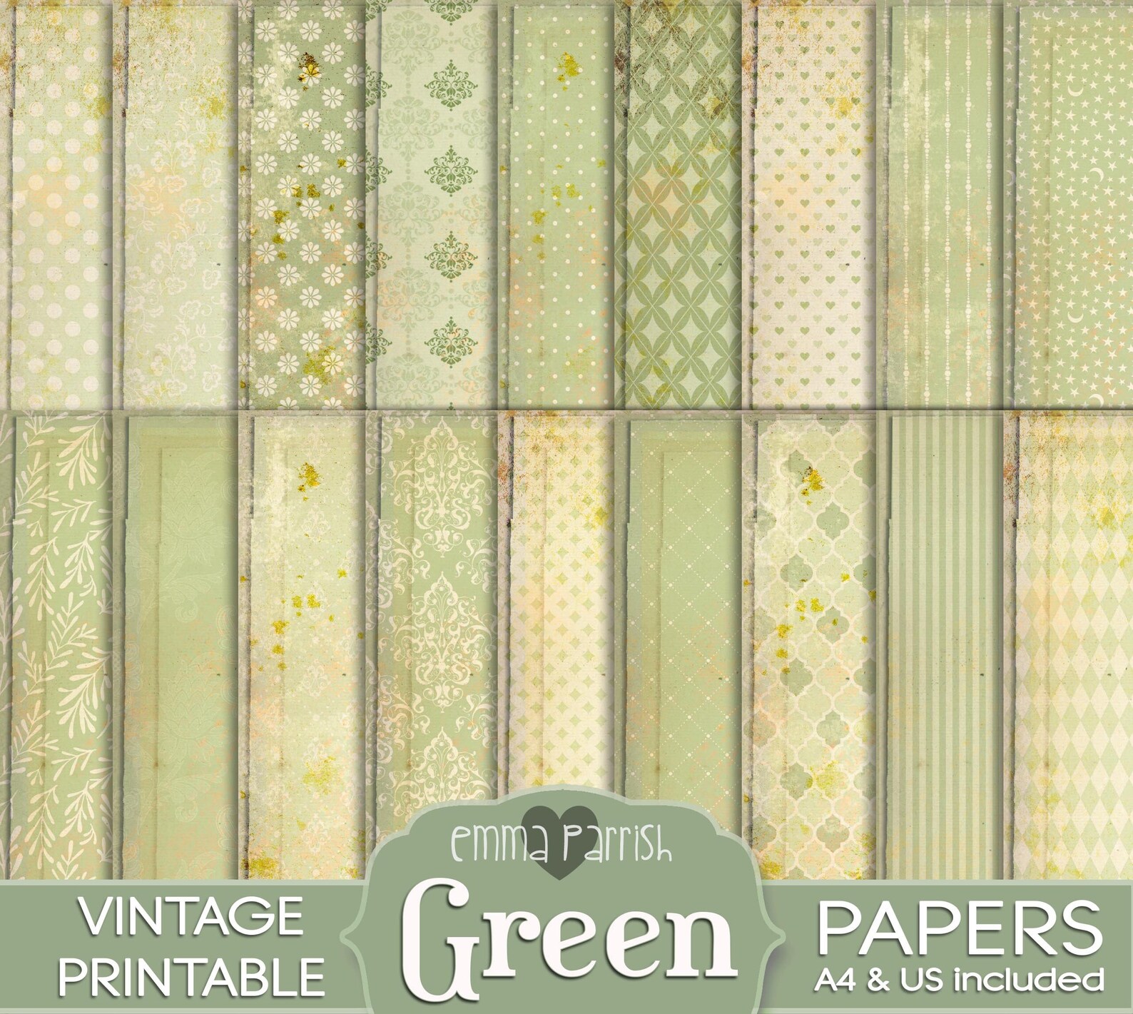 Shabby Green Printable Papers, Vintage Patterns, Junk Journal ...