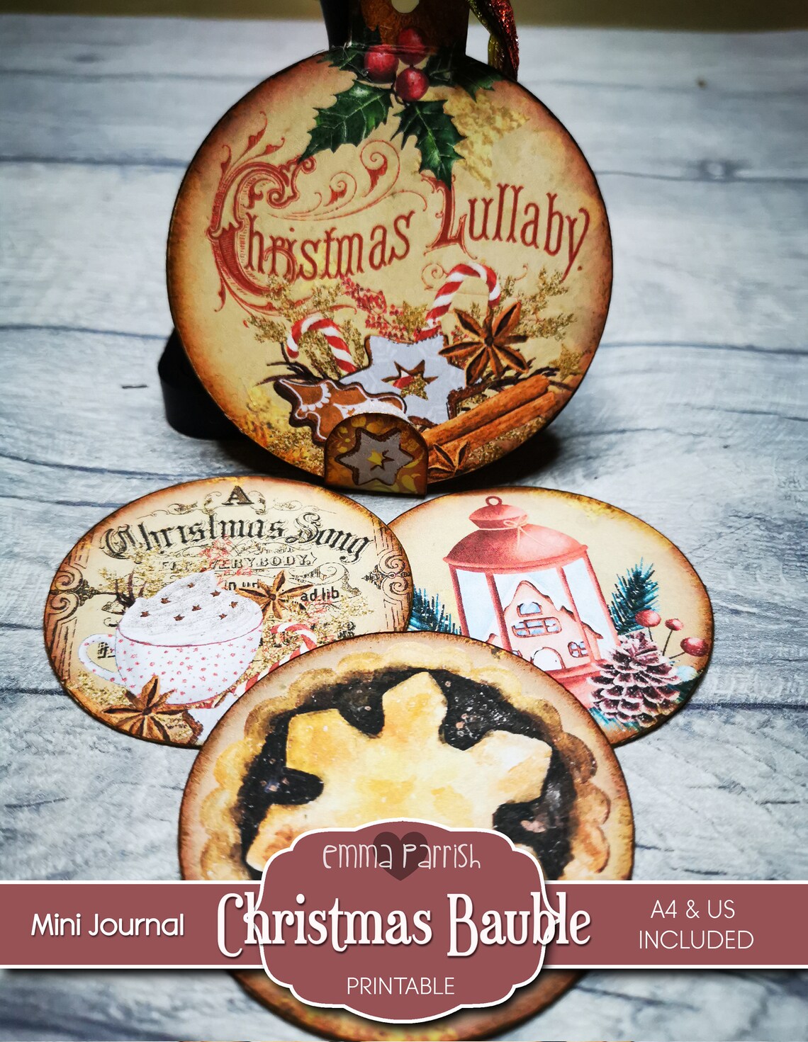 Printable Christmas Decoration Bauble, Junk Journal Insert, Mini Book ...