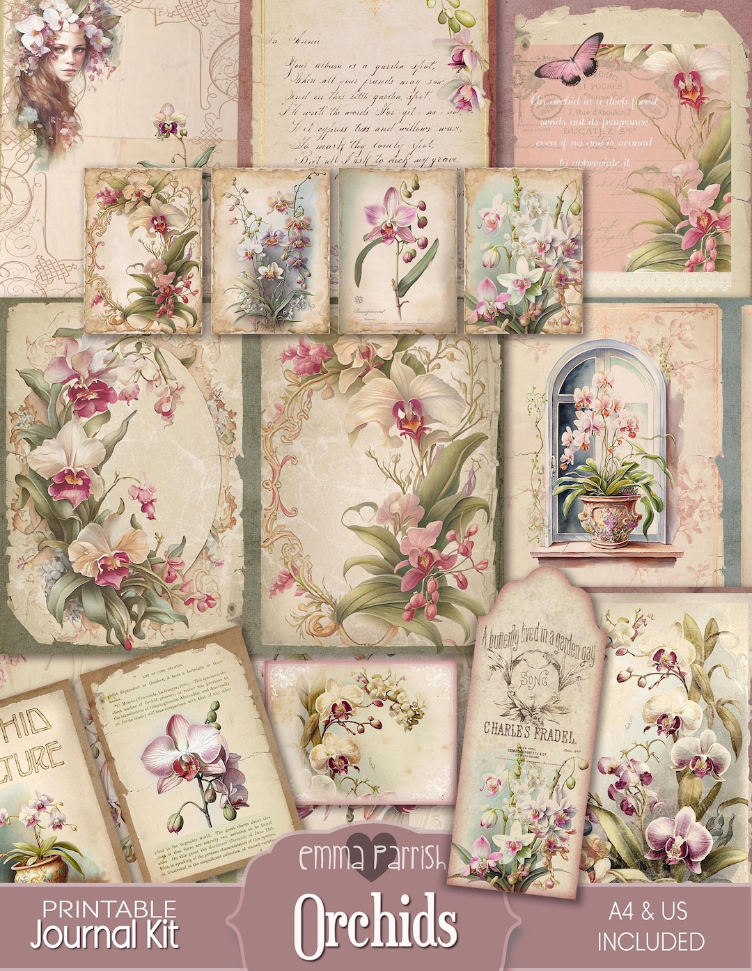 Orchids Junk Journal Kit, Printable, Flower Journal, Watercolor, Floral ...