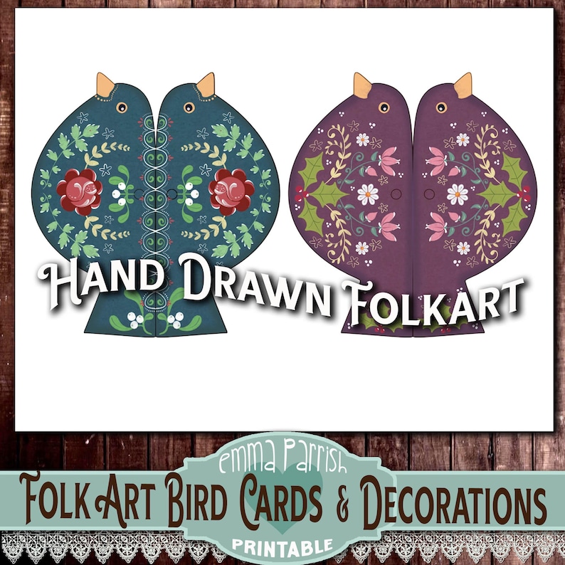 Folk Art Bird Greetings Cards, Printable Christmas Cards with Envelopes ...