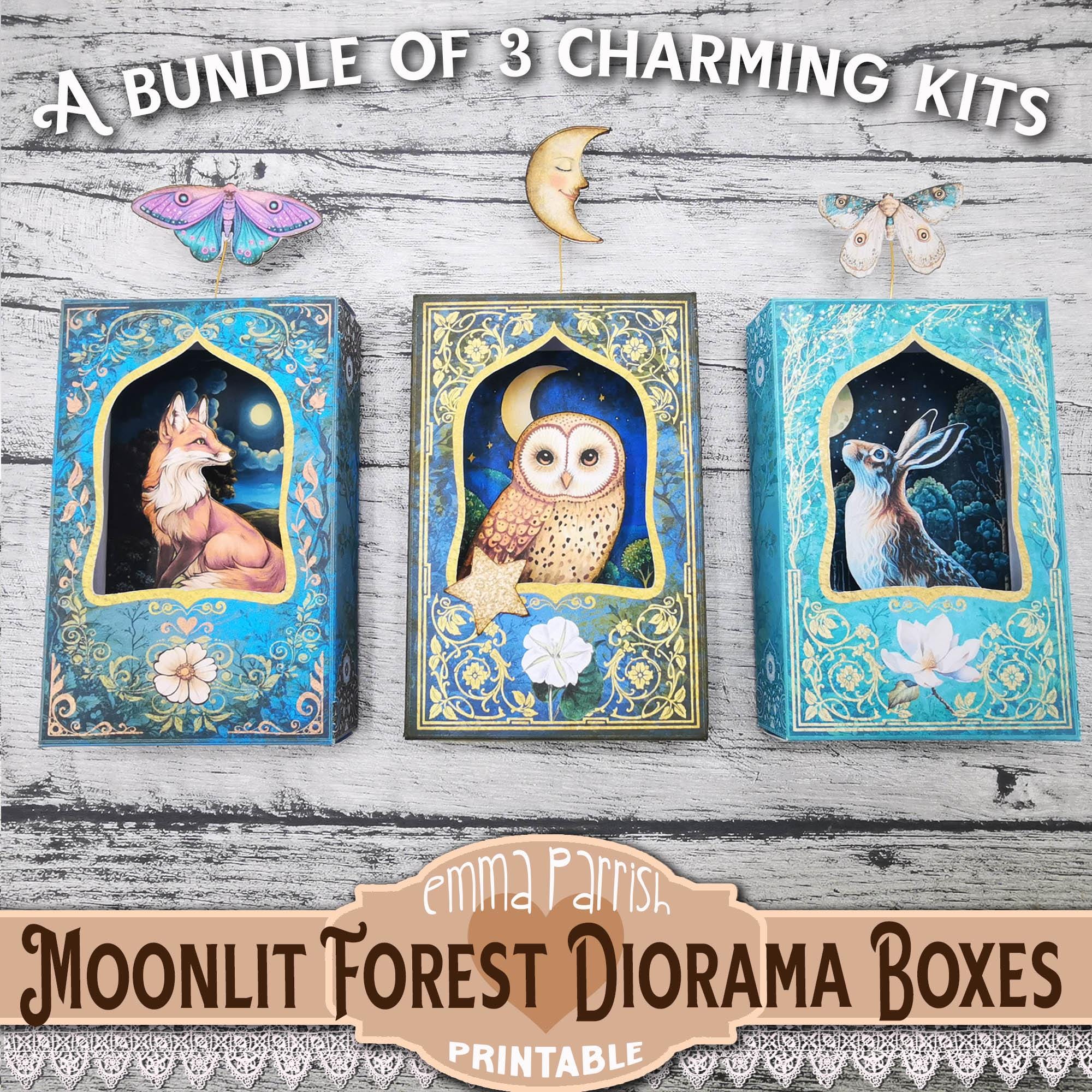 3 Foldable Diorama Boxes, Hare, Owl, Fox, Forest Woodland Animals ...