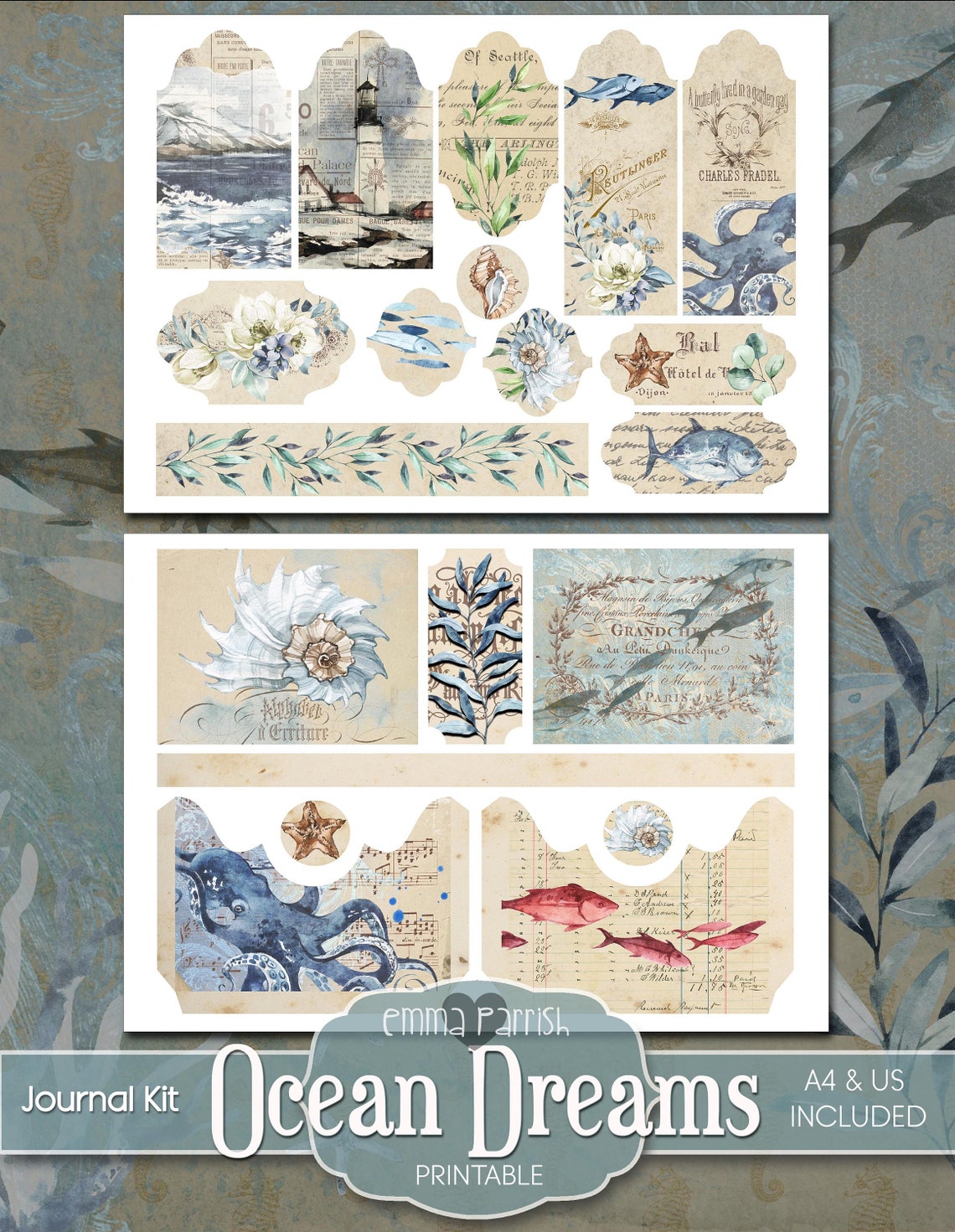 Ocean Junk Journal Kit, Nautical Blue Digital Paper Printable, Dolphin ...