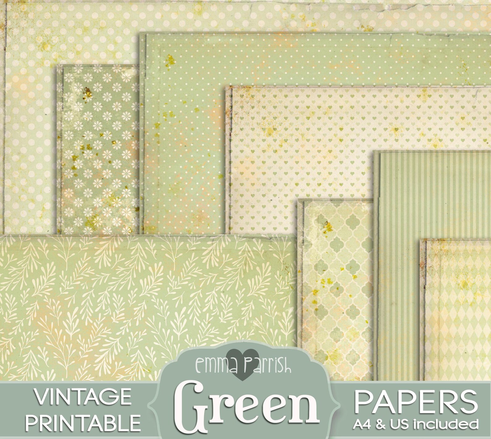 Shabby Green Printable Papers, Vintage Patterns, Junk Journal ...