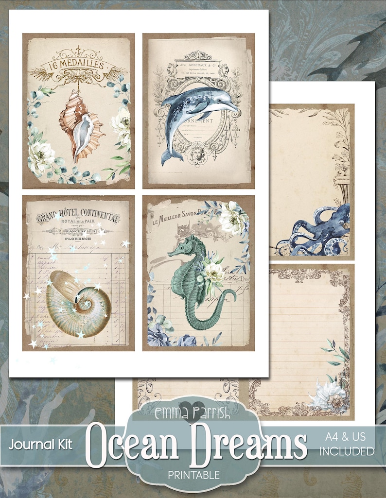 Ocean Junk Journal Kit, Nautical Blue Digital Paper Printable, Dolphin ...