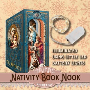 Nativity Book Nook, Printable, Baby Jesus, Christmas Decoration, Lights ...