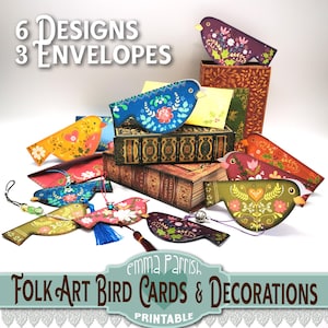 Folk Art Bird Greetings Cards, Printable Christmas Cards With Envelopes ...