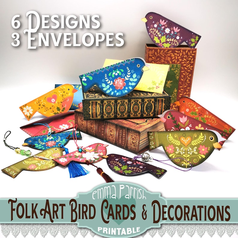 Folk Art Bird Greetings Cards, Printable Christmas Cards with Envelopes ...
