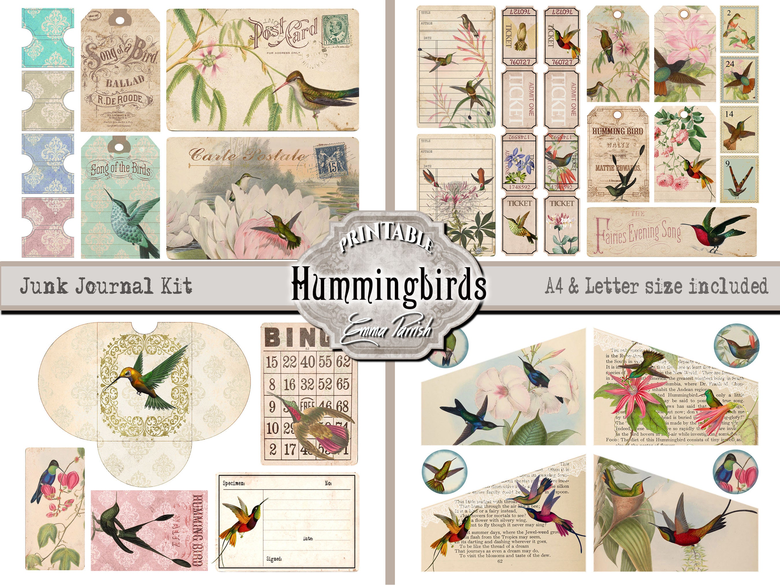 Hummingbird Junk Journal Kit Bird Printable Pages Vintage - Etsy