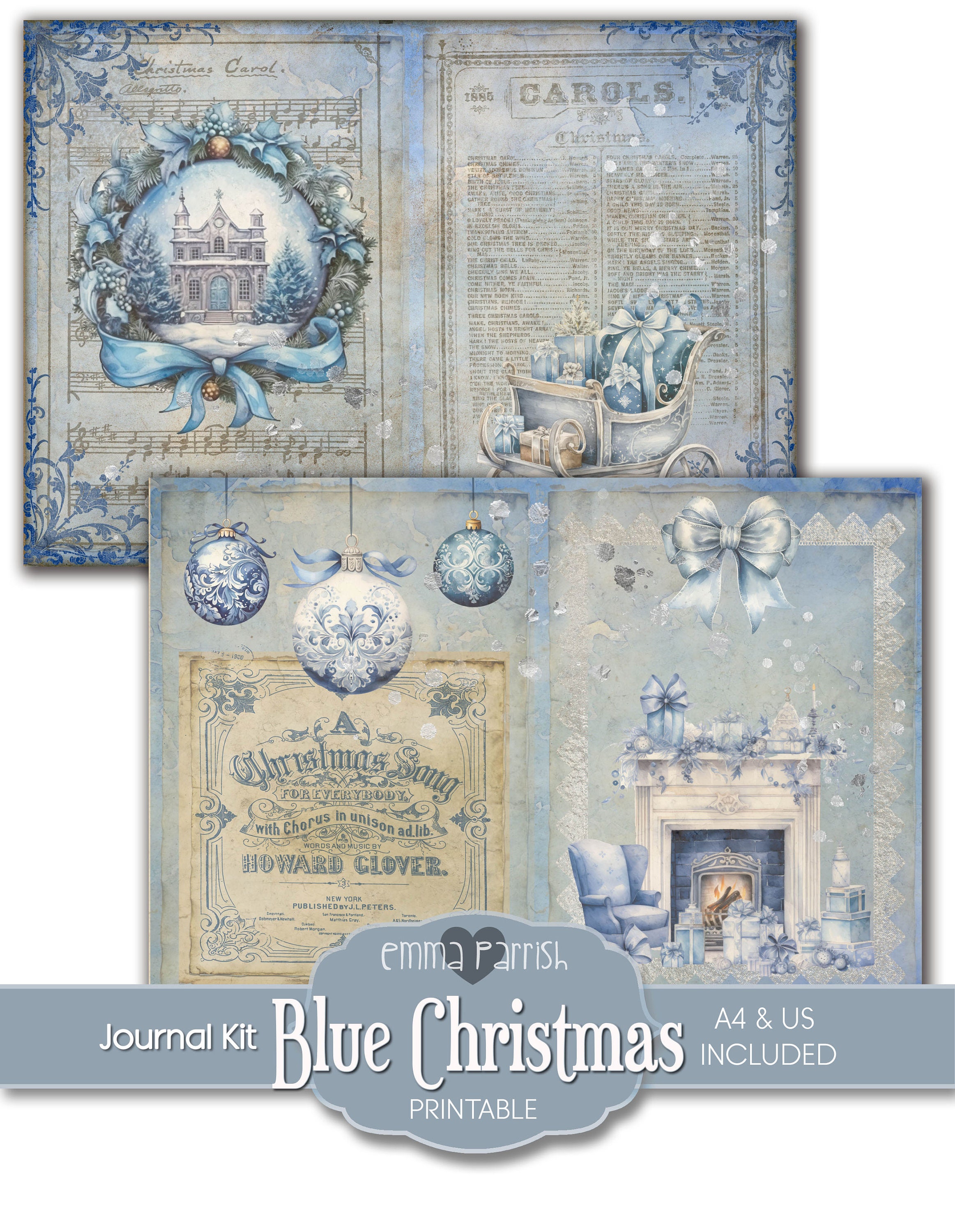 Blue Christmas Printable Junk Journal Kit, Cute Snowman, Santa ...