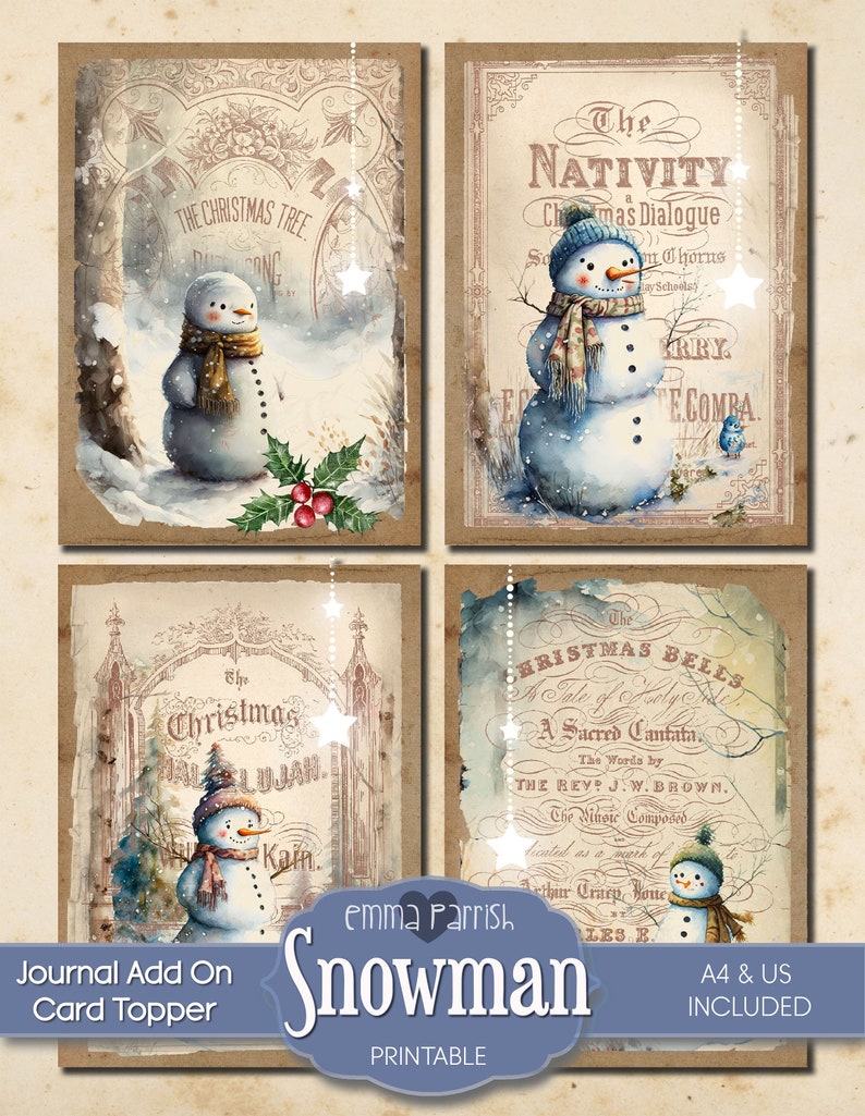 Snowman Printable, Card, Topper, Junk Journal, Insert, Add On, Ephemera ...