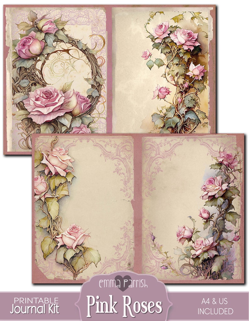 Pink Roses Junk Journal Kit, Printable, Shabby Chic, Flowers, Botanical ...
