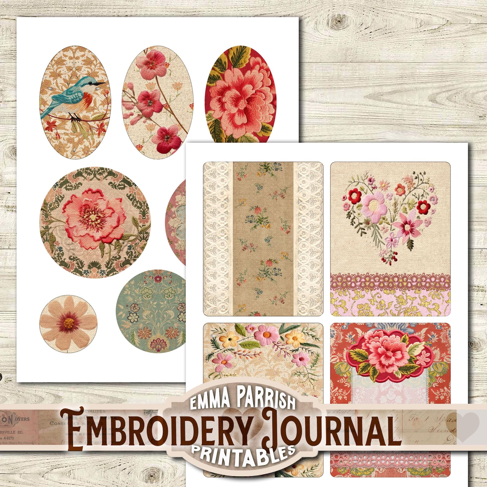 Vintage Embroidery Junk Journal Printables Kit, Textile Fabric Digital ...