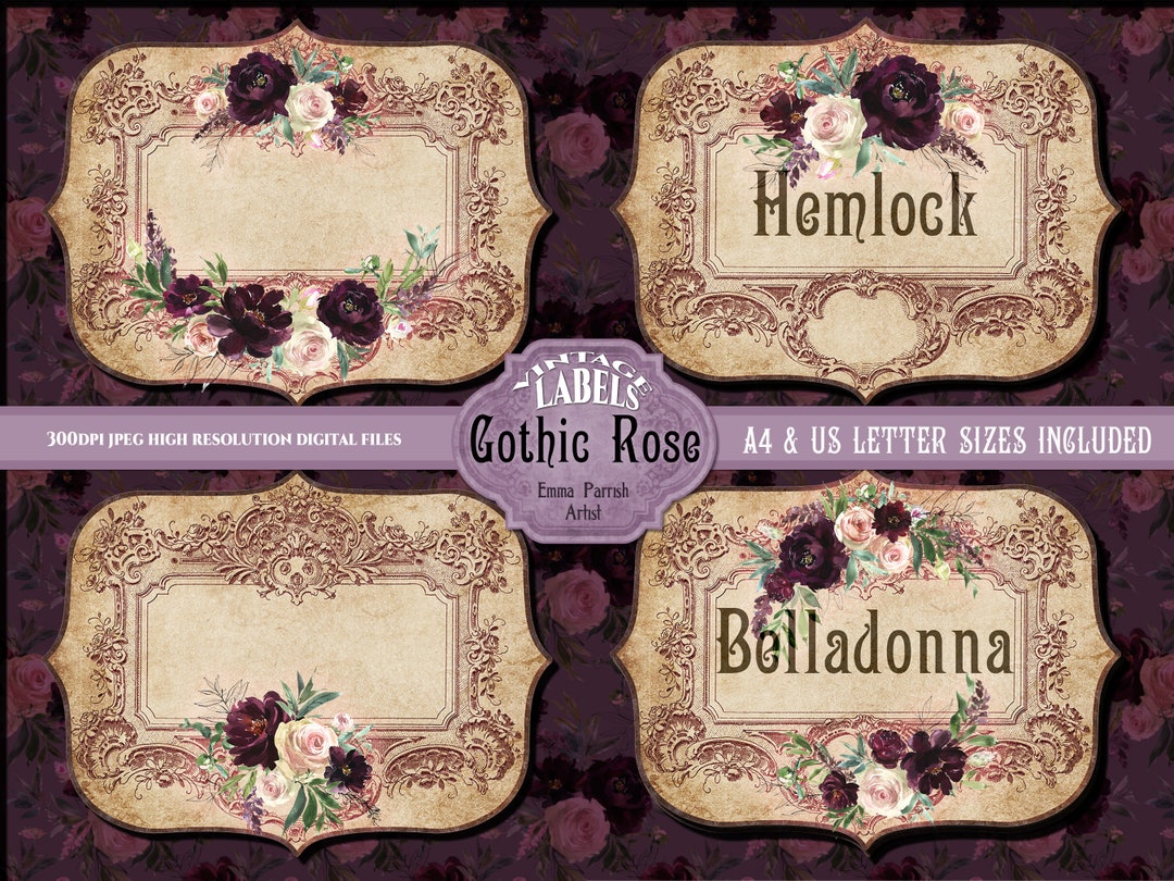 Vintage Gothic Printable Labels, Rose Junk Journal Card Making Tags ...