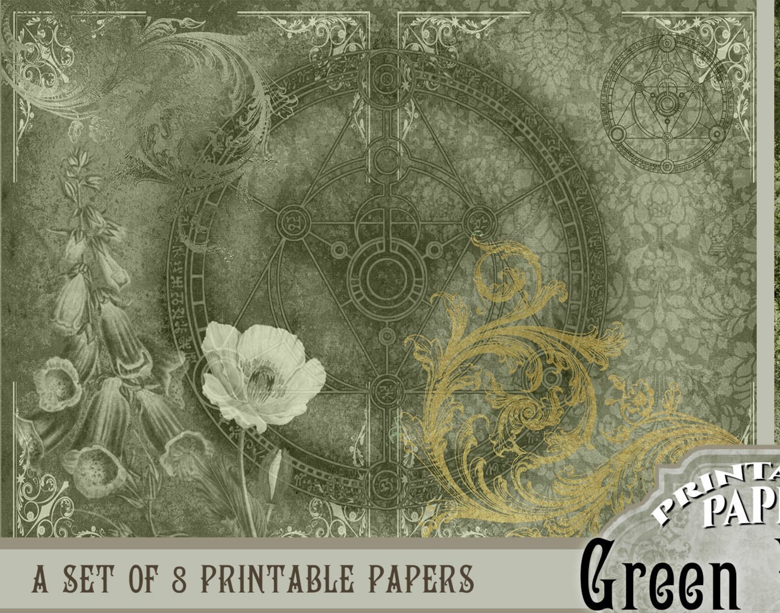 Green Witch Printable Paper Set, Junk Journal Printable Kit, Witch ...