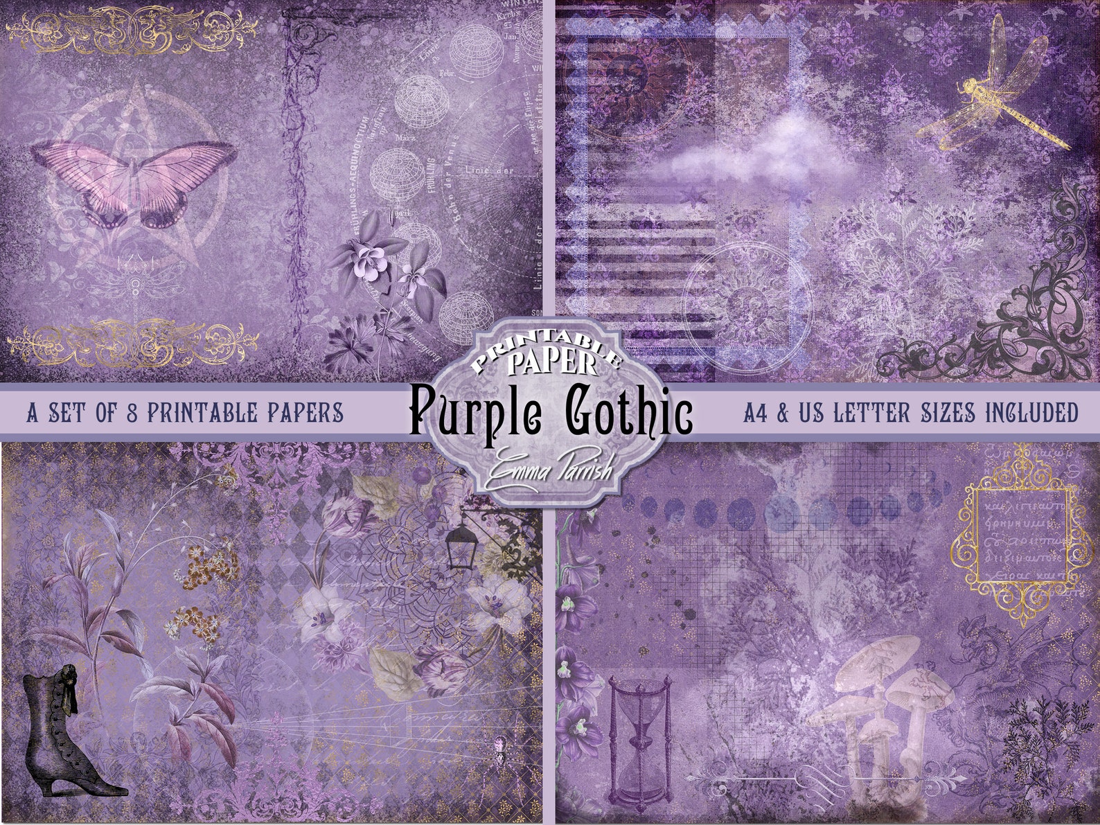 Purple Gothic Printable Paper Set, Purple and Black Junk Journal Kit ...