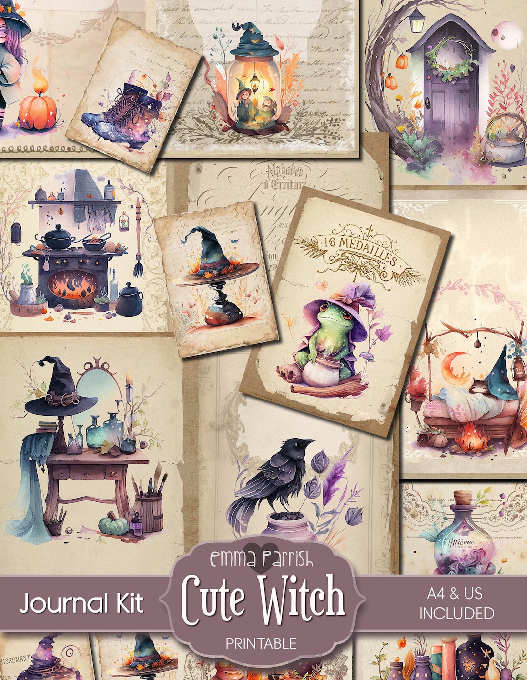 Cute Witch Junk Journal Kit, Witches Journal, Watercolor Fantasy ...