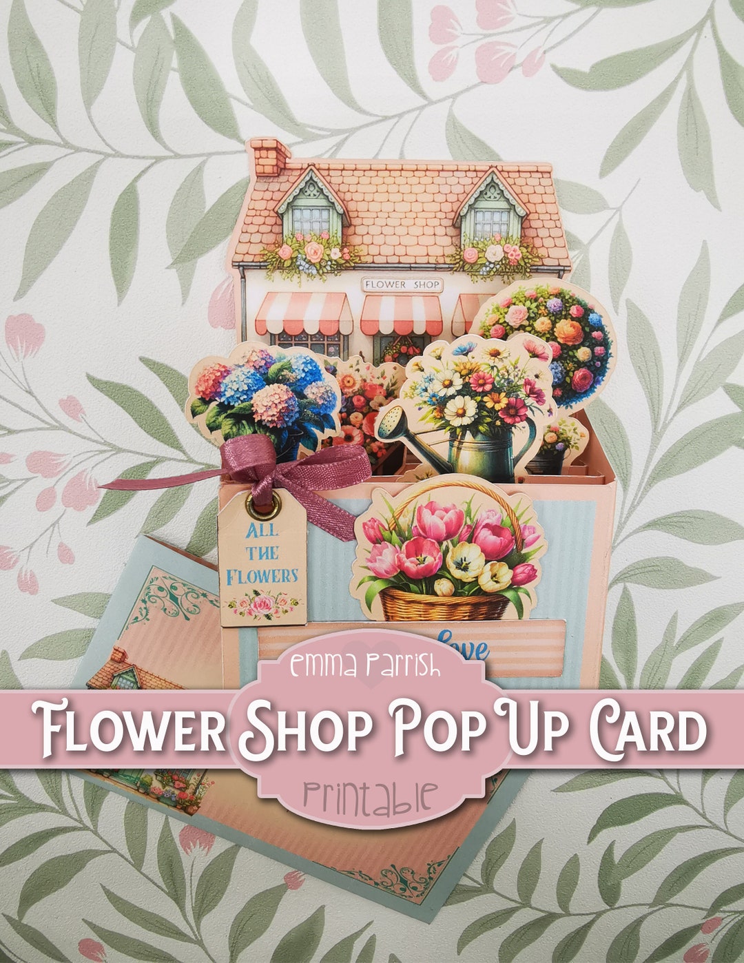 Pop up Flower Shop Card, Cricut, PNG, Box Card Printable, Roses, Pink ...