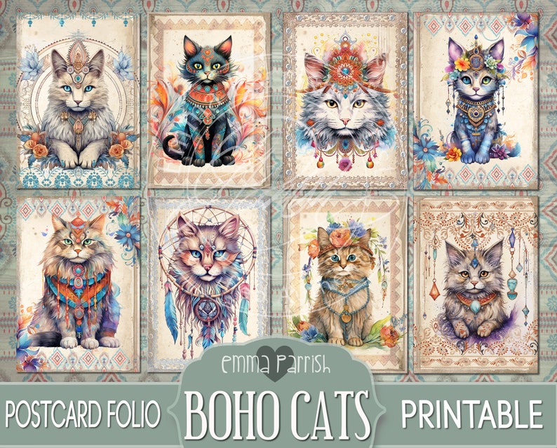 Boho Cats Postcard Folio, Printable Junk Journal Insert, Add on Kit ...