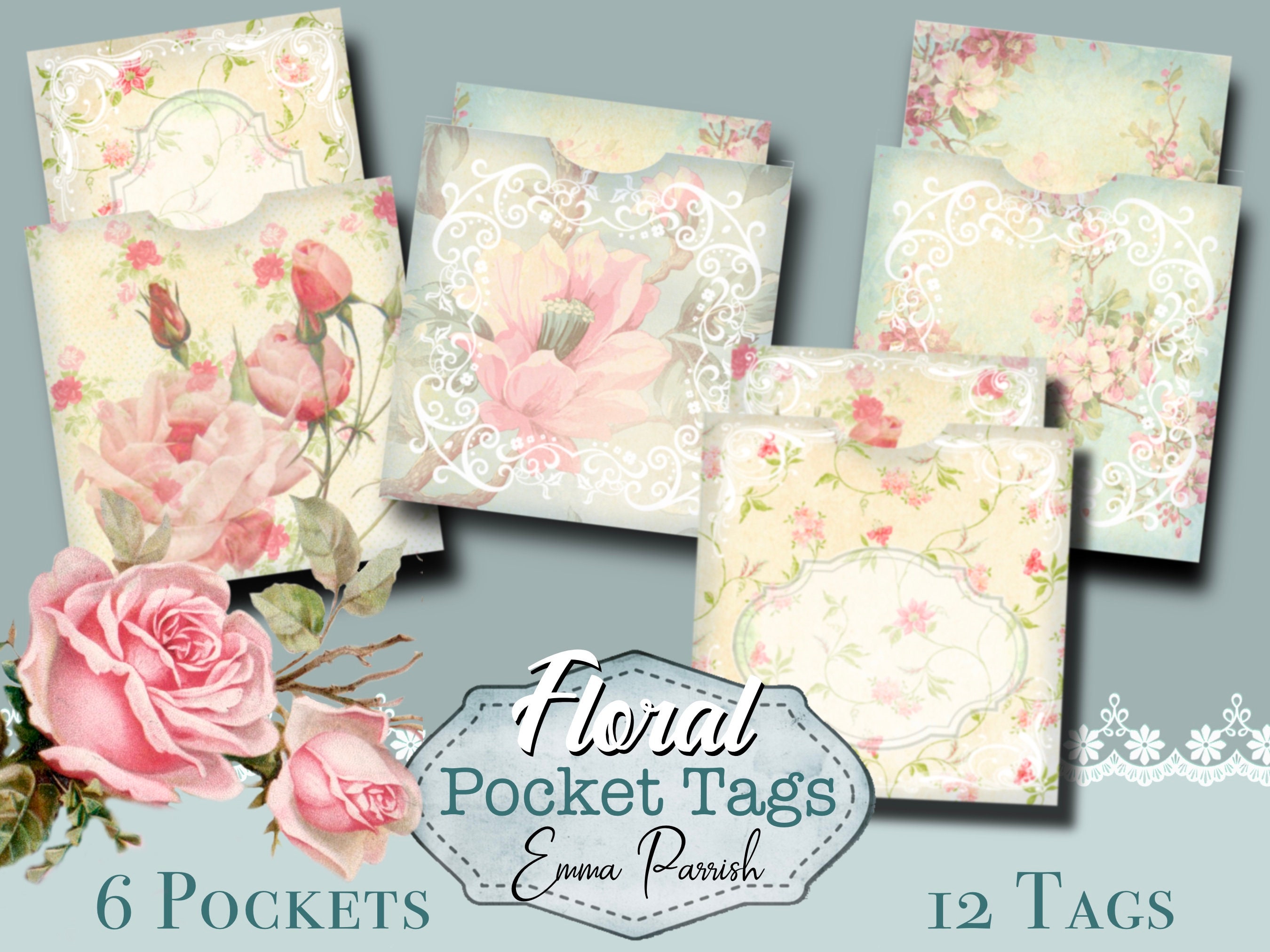 Junk Journal Printable Pocket Tags Floral Printable Envelope Shabby