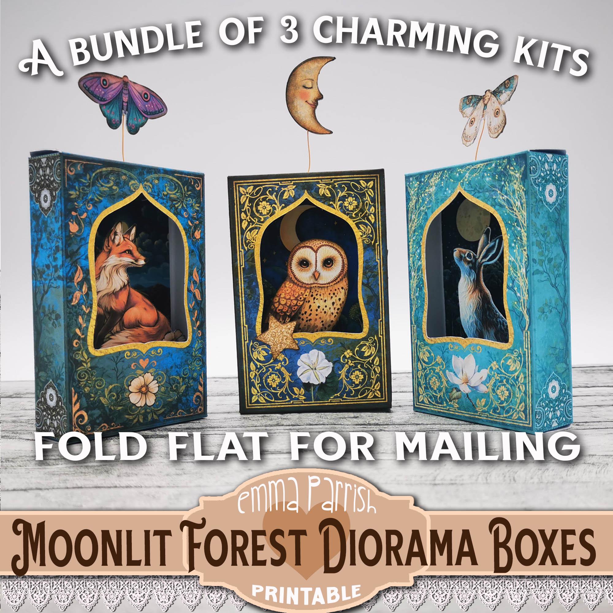 3 Foldable Diorama Boxes, Hare, Owl, Fox, Forest Woodland Animals ...