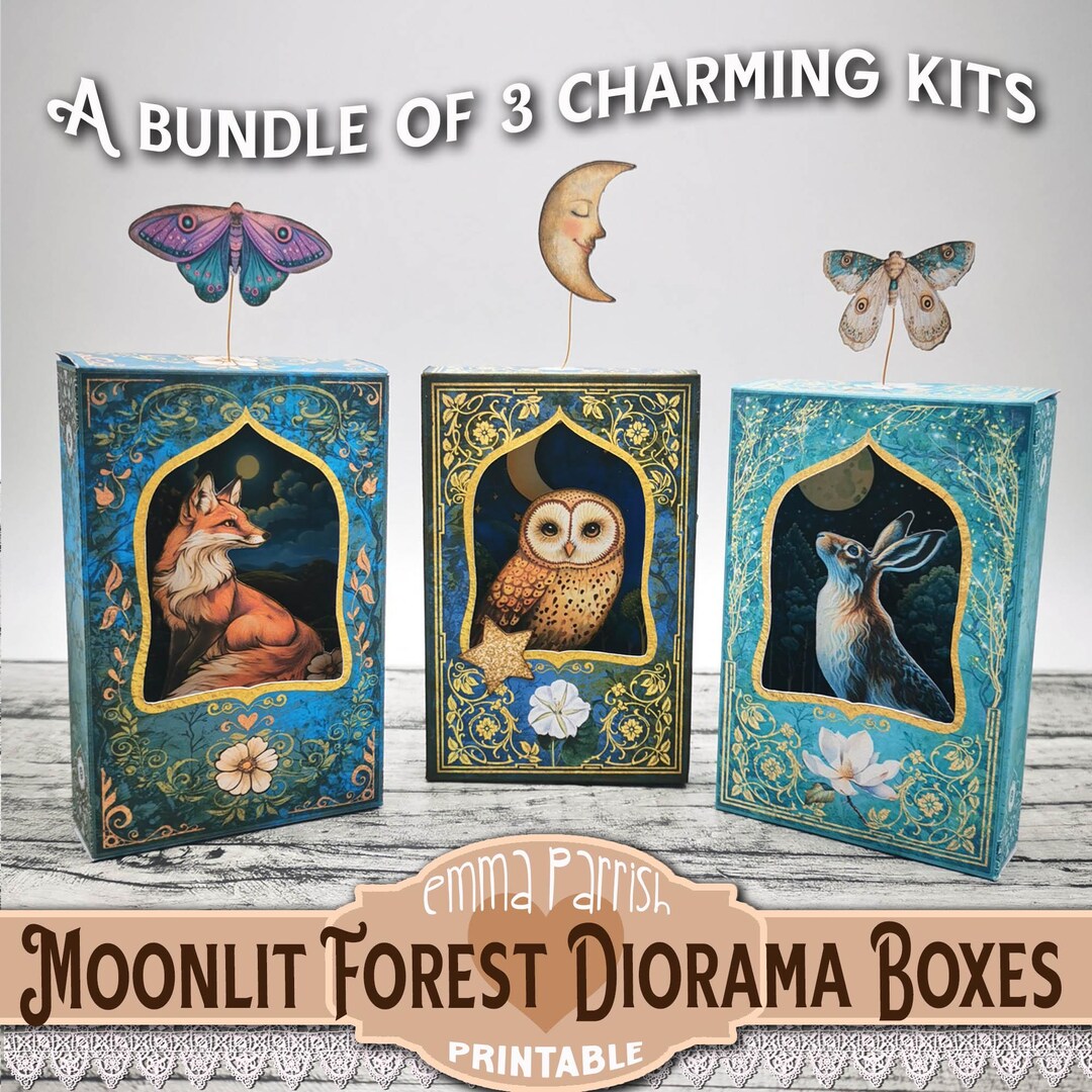 3 Foldable Diorama Boxes, Hare, Owl, Fox, Forest Woodland Animals ...
