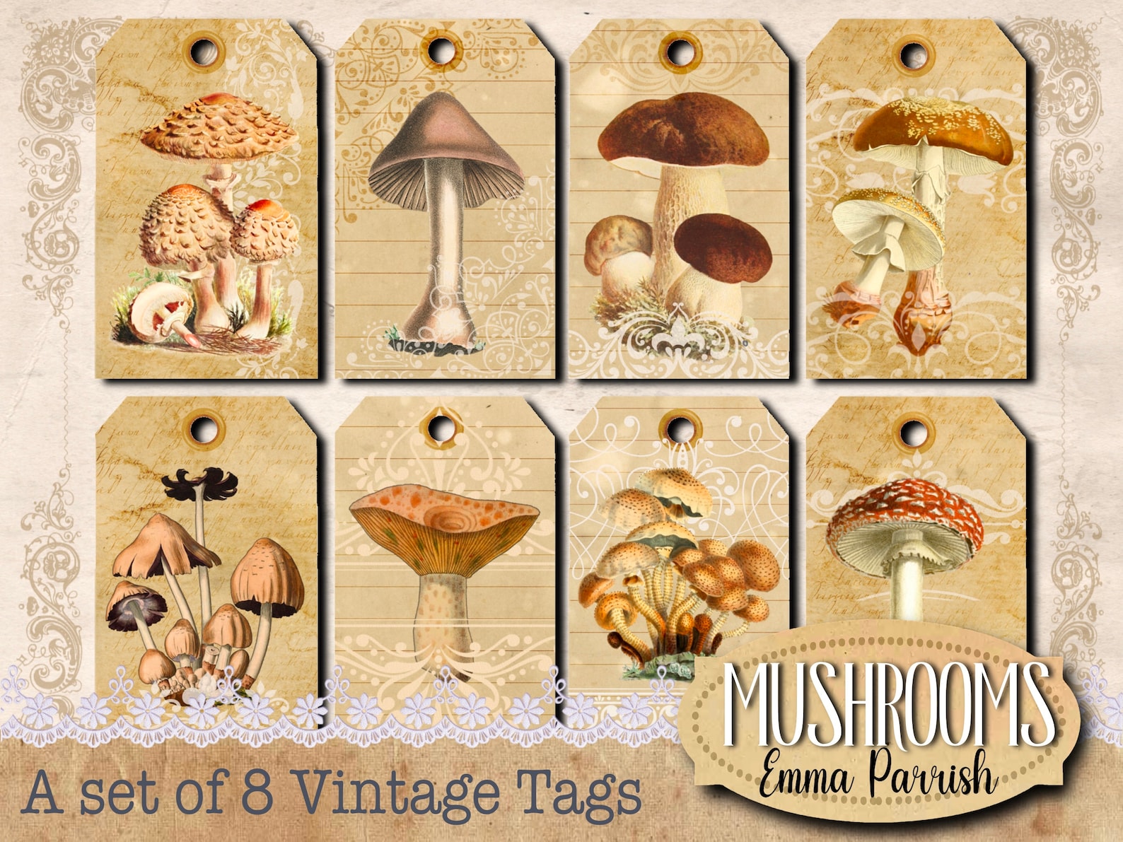 Vintage Mushroom Printable Tags, Vintage Mushroom Junk Journal ...