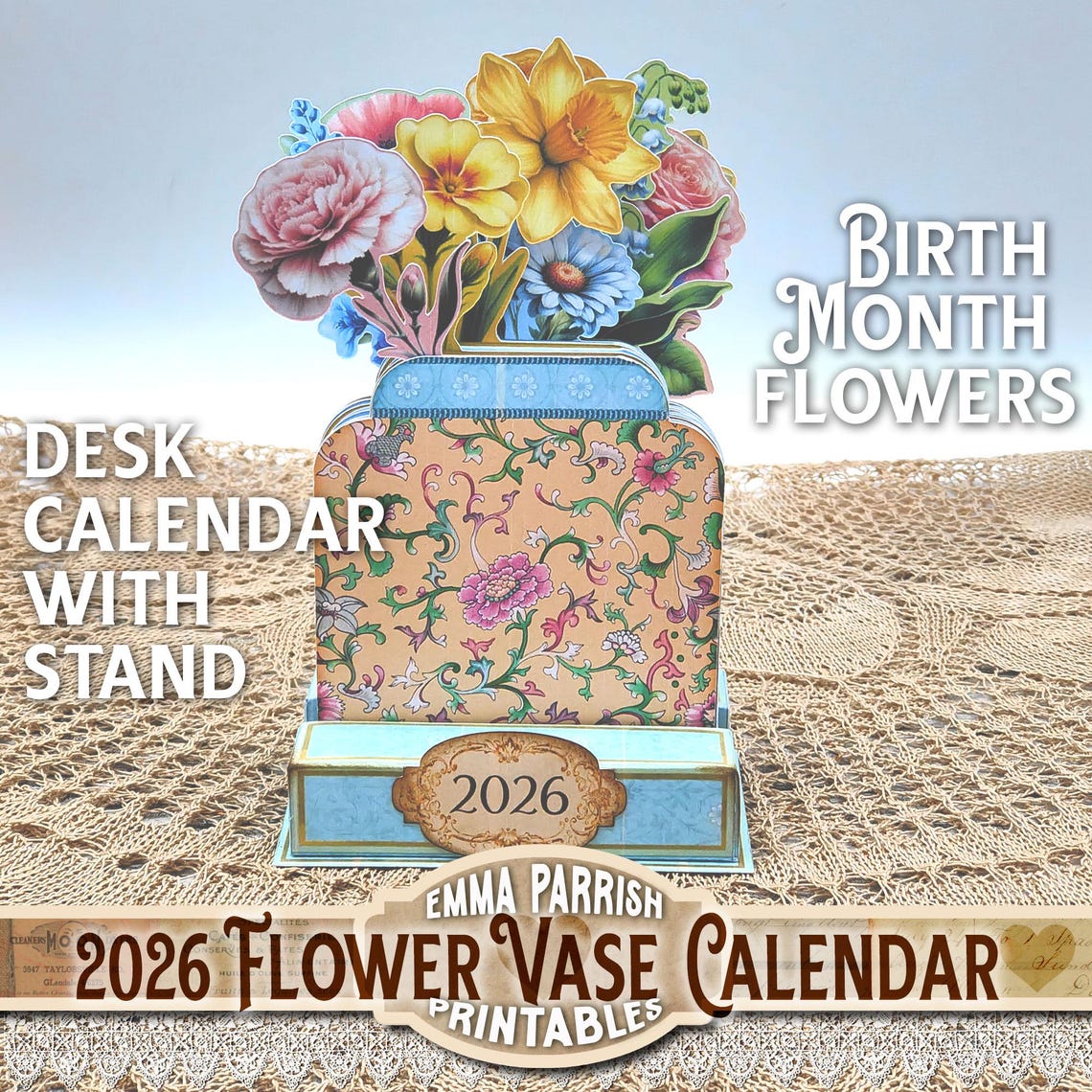 2026 Flower Vase Desk Calendar Printable, Cricut Tested DIY Papercraft ...