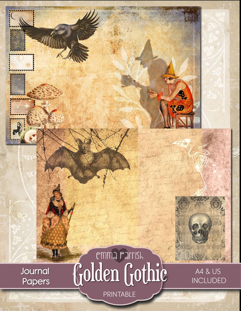Golden Gothic Printable Paper Set, Witch Junk Journal Kit, Witchcraft ...