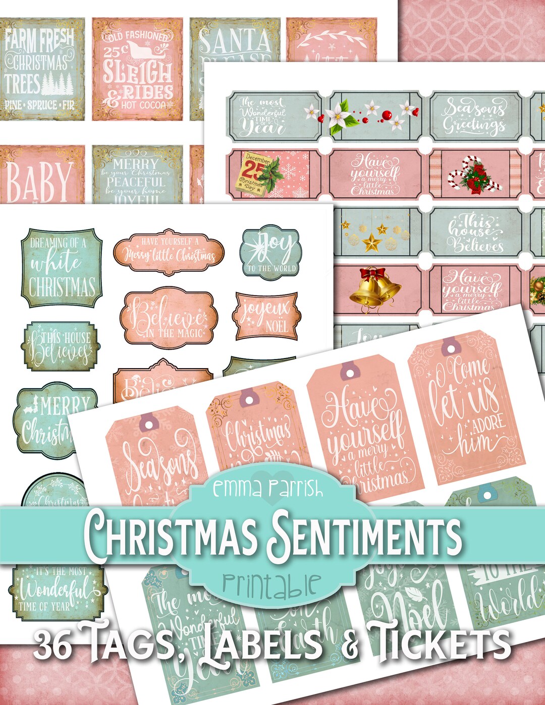 Printable Christmas Sentiments, Pink & Blue, Junk Journal, Card Making ...