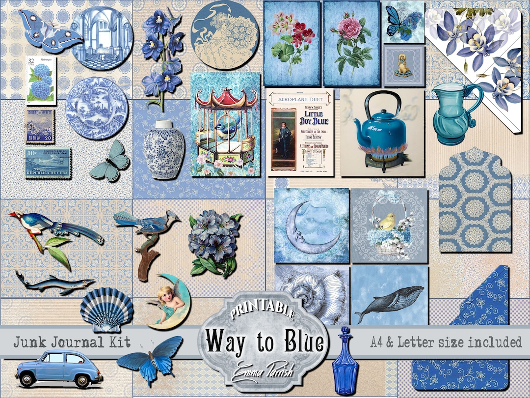 Blue Junk Journal Kit, Blue Vintage Printable Pages, Blue Digital ...