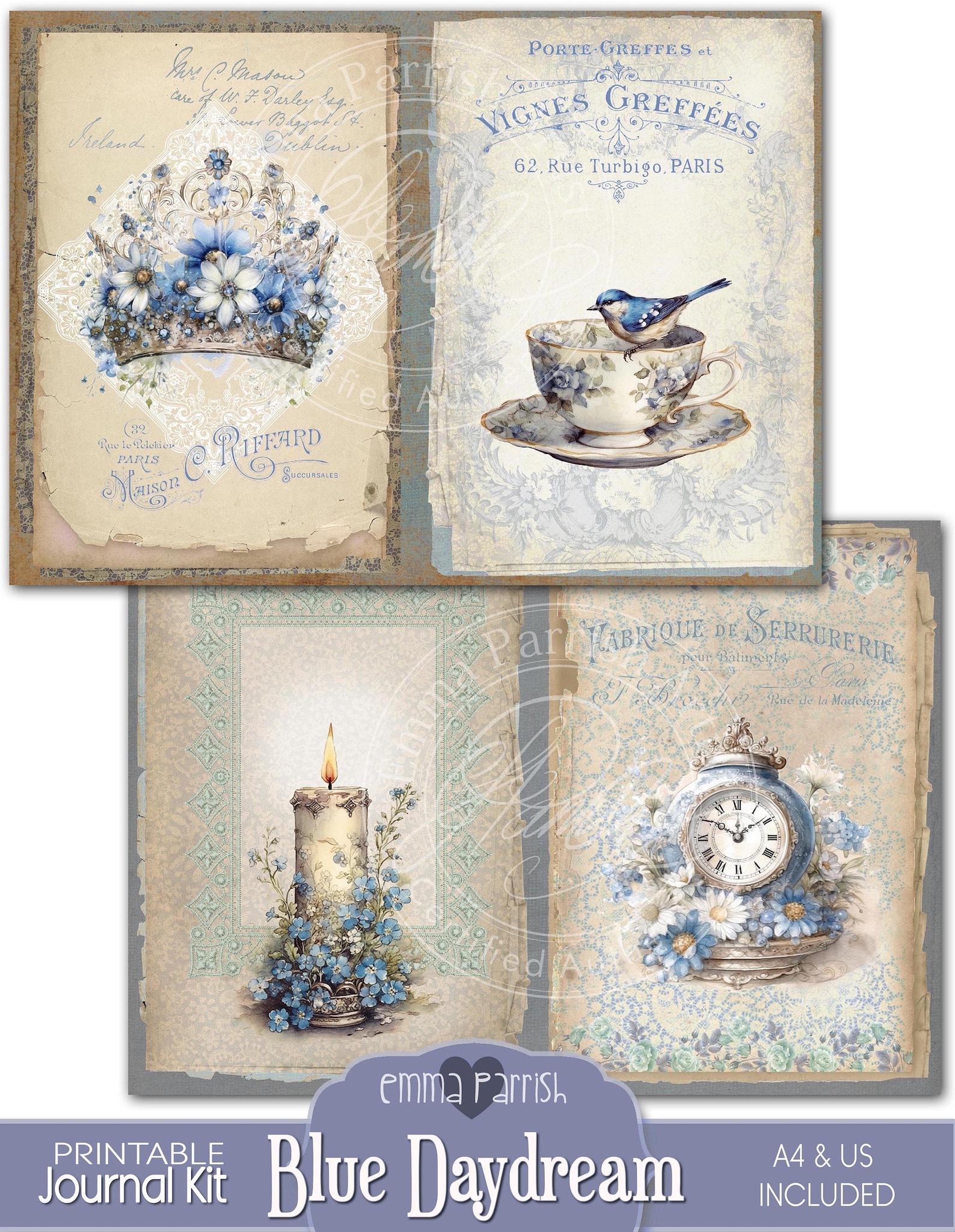 Blue Junk Journal Kit, Shabby, Vintage, Butterflies, Floral, Dream ...