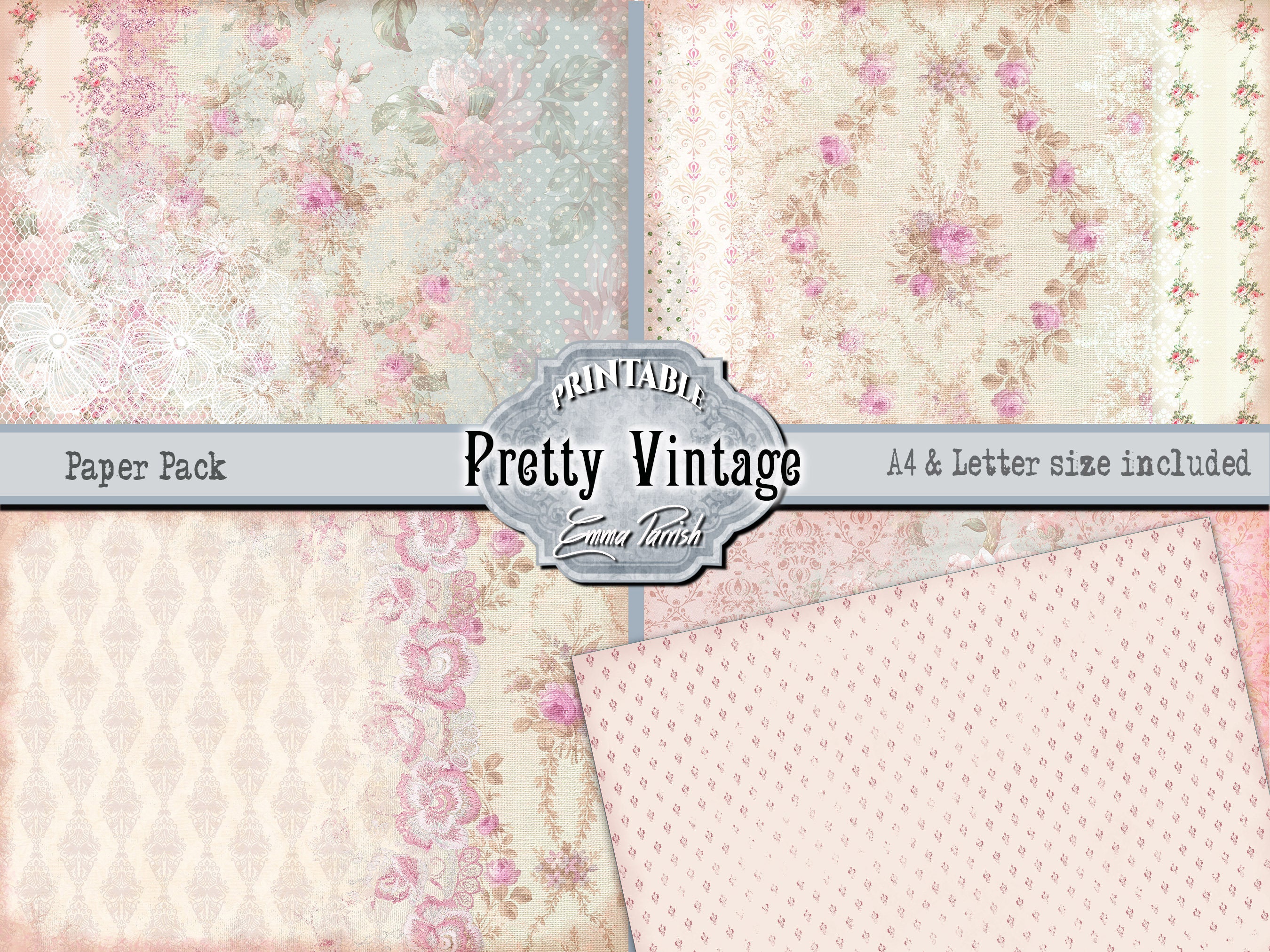 Pretty Vintage Printable Papers, Shabby Chic Paper, Pink Blue Digital ...