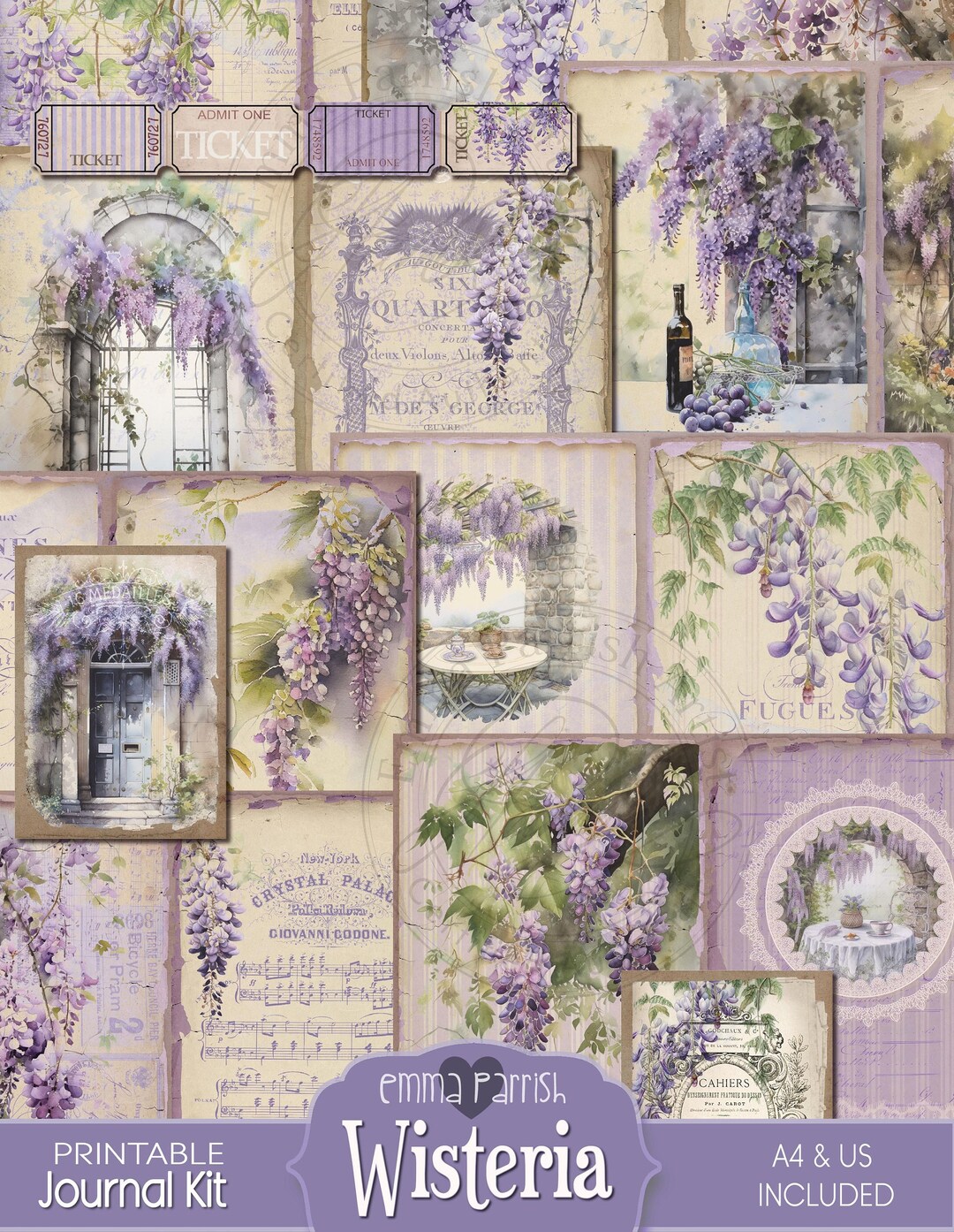 Wisteria Junk Journal Kit, Purple Printable, Shabby Vintage French Chic ...