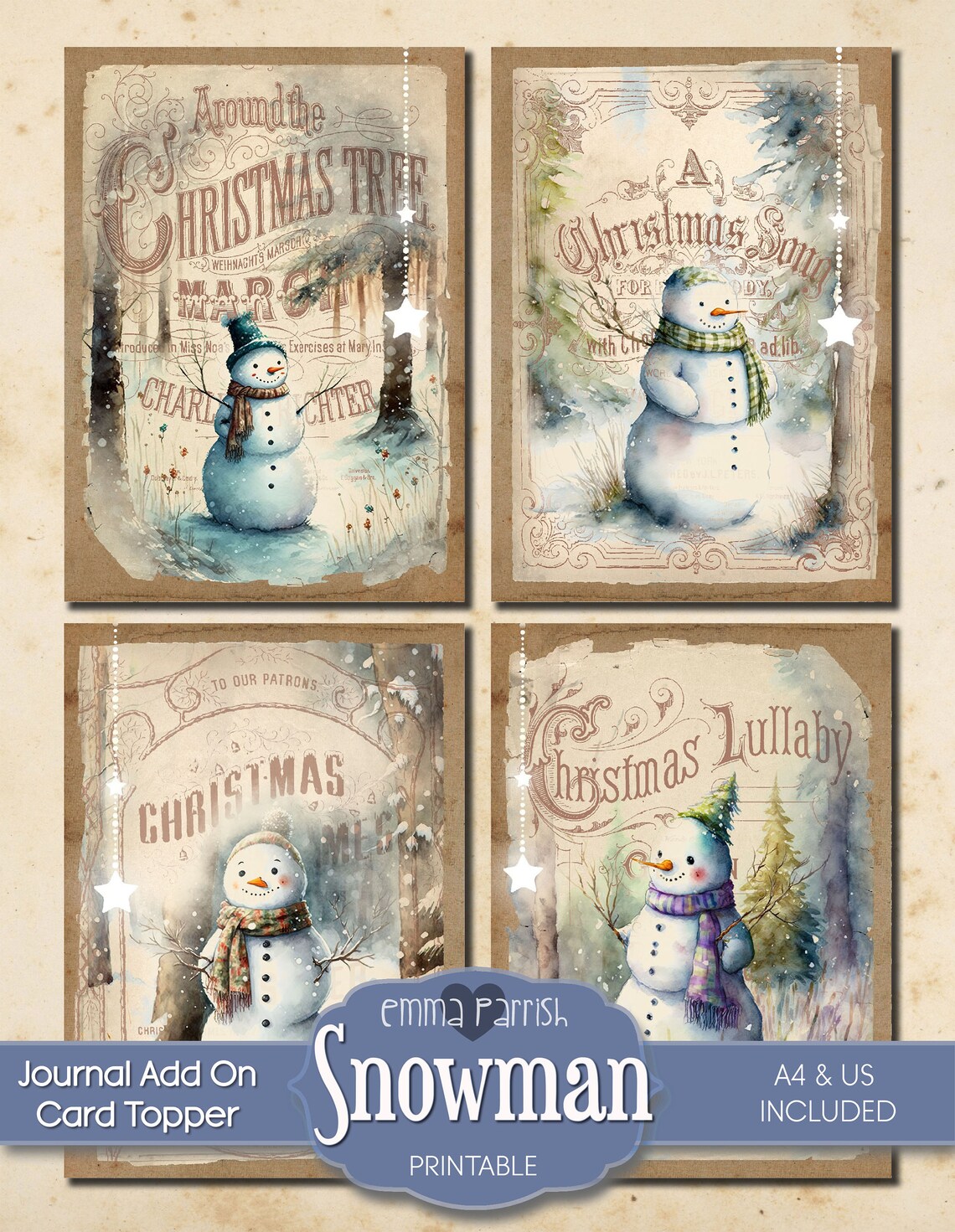 Snowman Printable, Card, Topper, Junk Journal, Insert, Add On, Ephemera ...