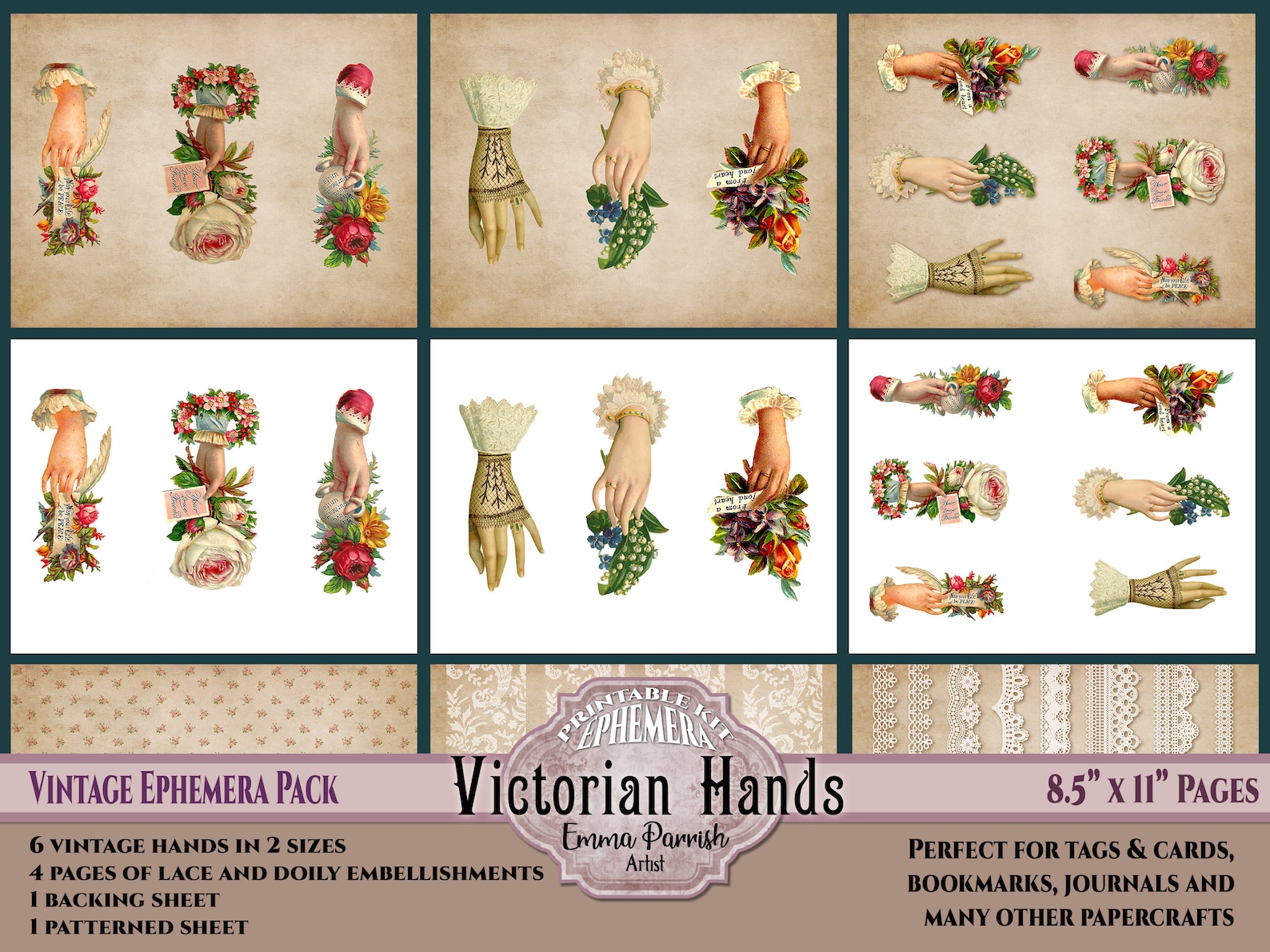 Printable Vintage Ephemera Pack Victorian Hands Tags Vintage | Etsy