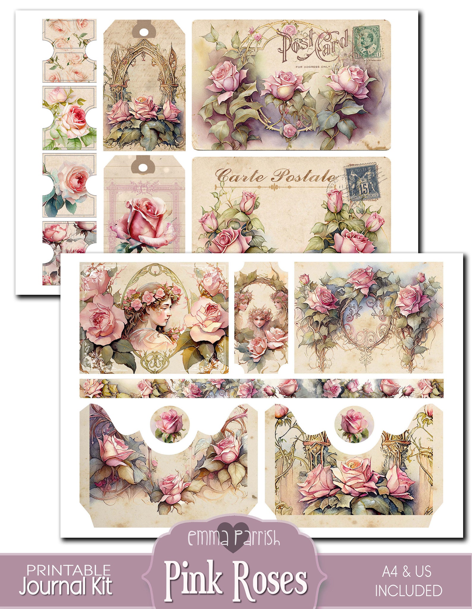 Pink Roses Junk Journal Kit, Printable, Shabby Chic, Flowers, Botanical ...