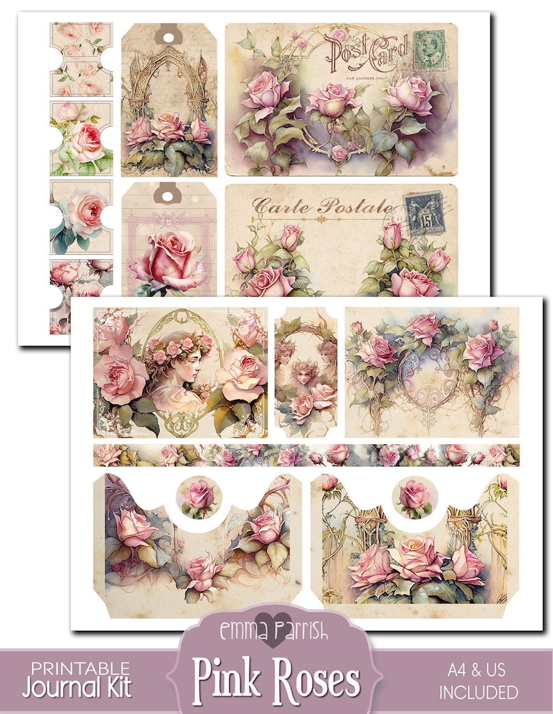 Pink Roses Junk Journal Kit, Printable, Shabby Chic, Flowers, Botanical ...