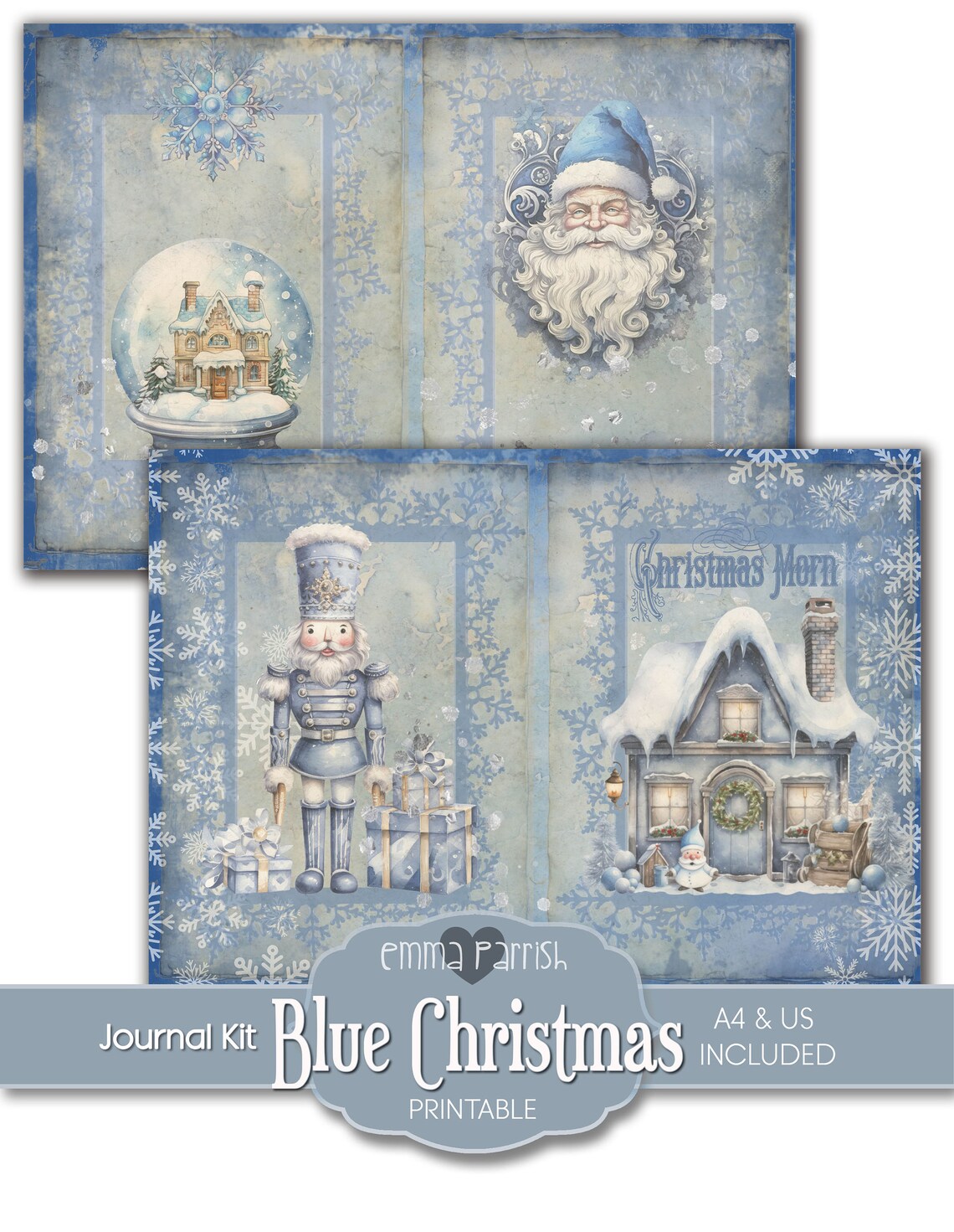 Blue Christmas Printable Junk Journal Kit, Cute Snowman, Santa ...