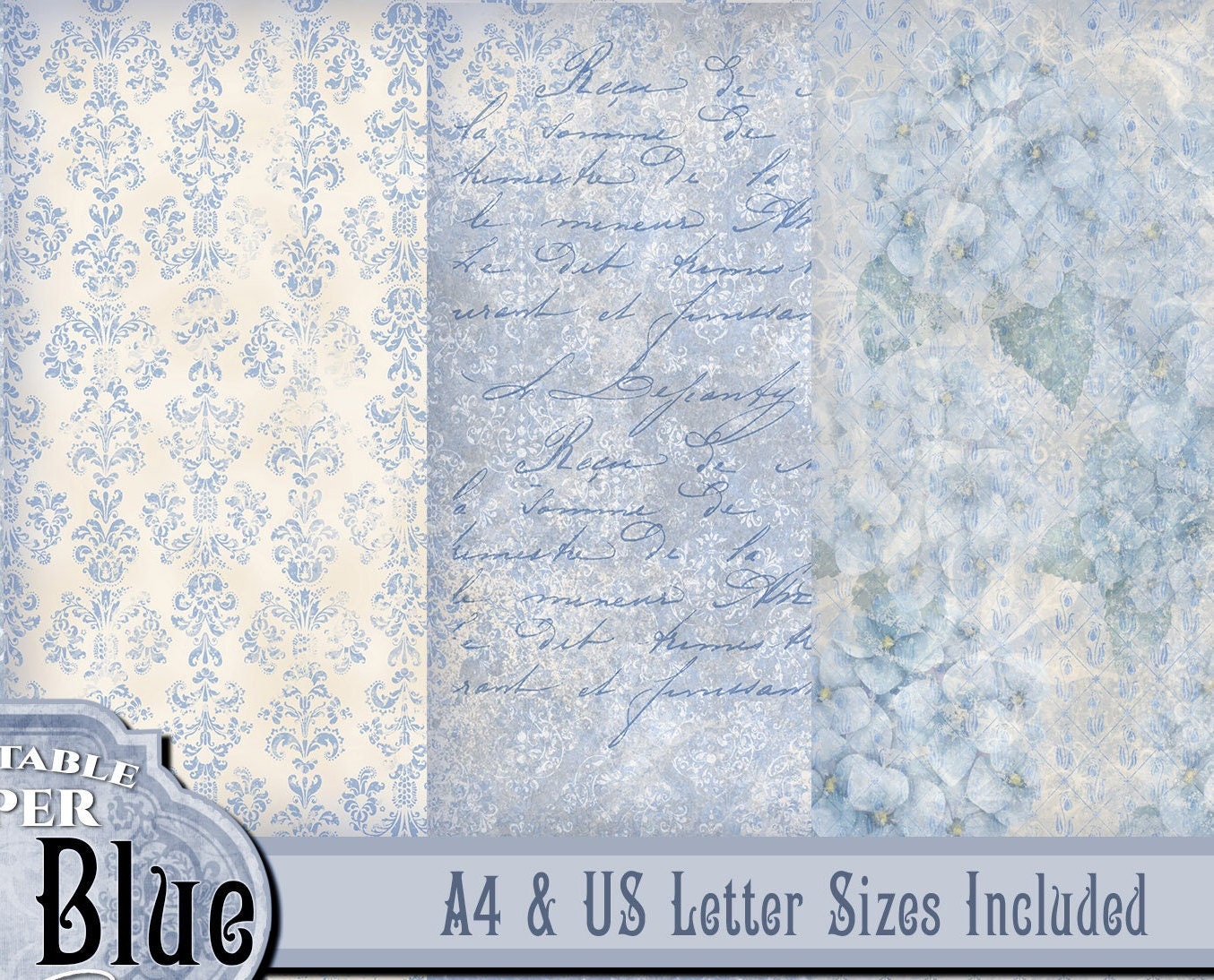 Paper Ephemera Pretty Vintage Blue Junk Journal Pages Blue Patterned ...