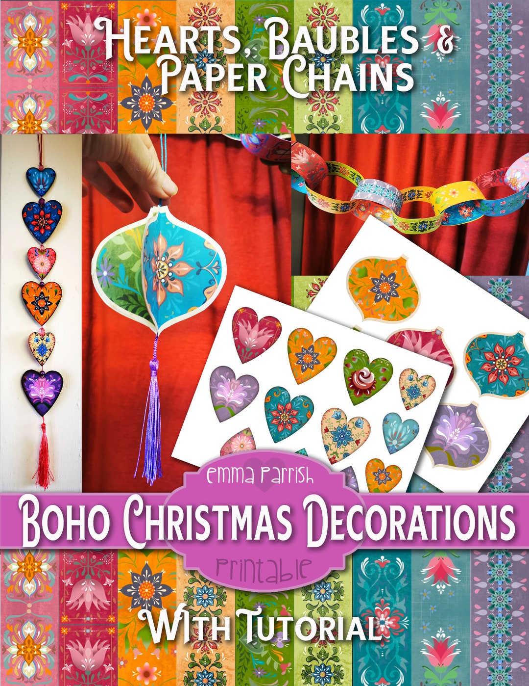 Boho Christmas Decorations, Printable Junk Journal, Folk Art, Paper ...